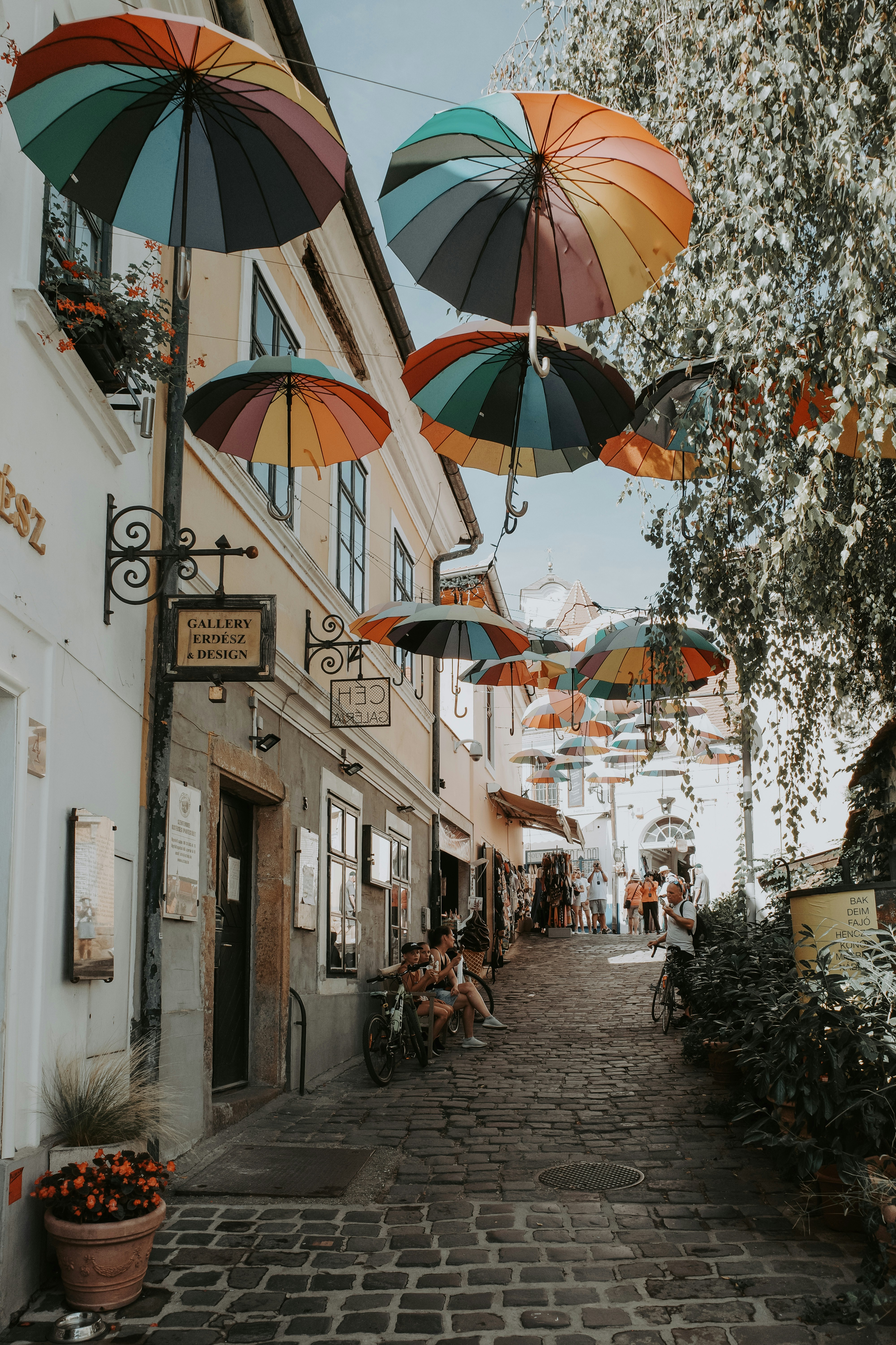 Umbrella Cathedral Over a Cobbled European Alley