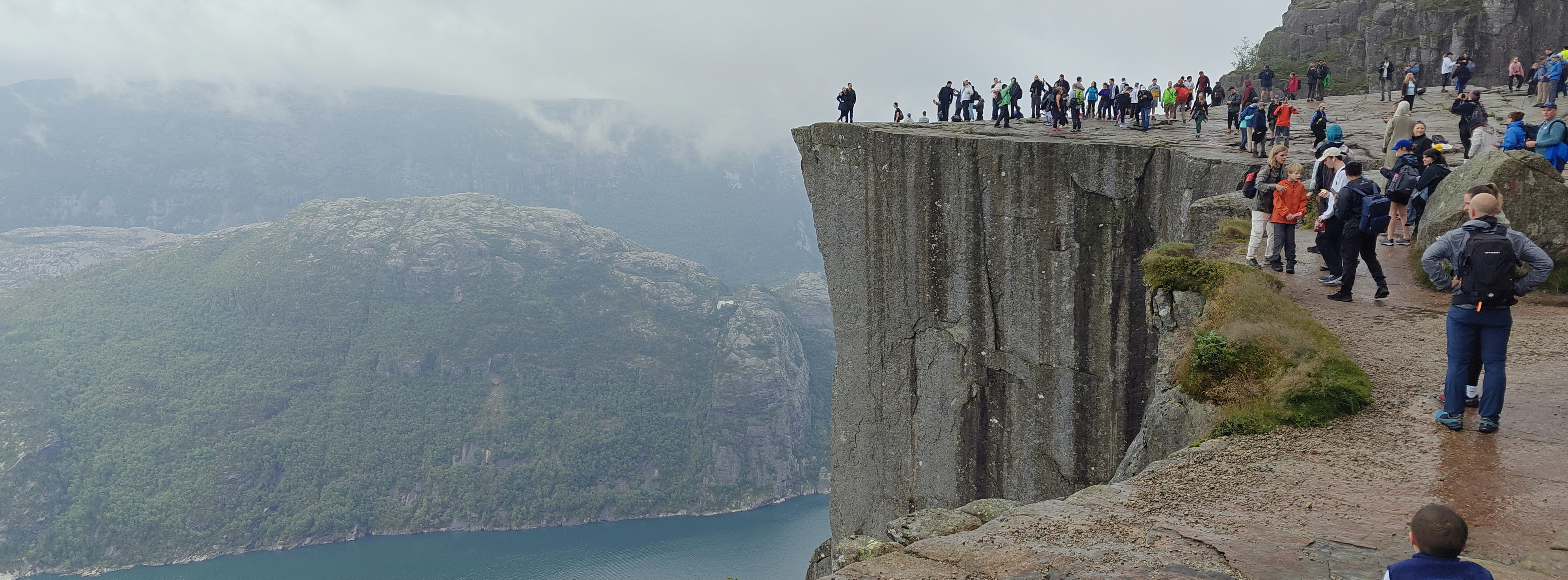 Crowd of hikers standing at the edge of a dramatic cliff overlooking a serene fjord, surrounded by lush greenery and misty mountains.