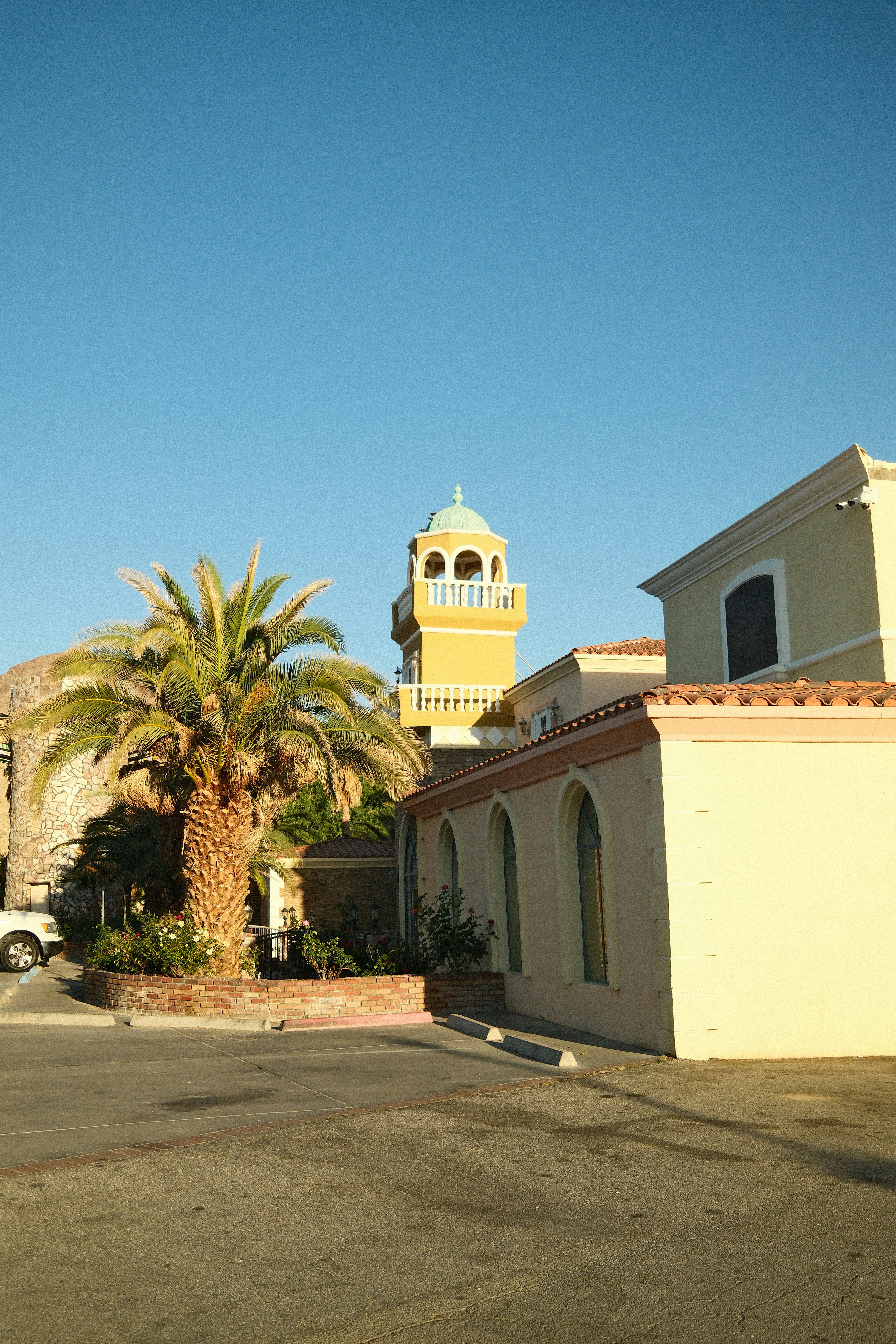 Sunlit Bell Tower Framed by a Palm Courtyard Under a Clear Blue Sky