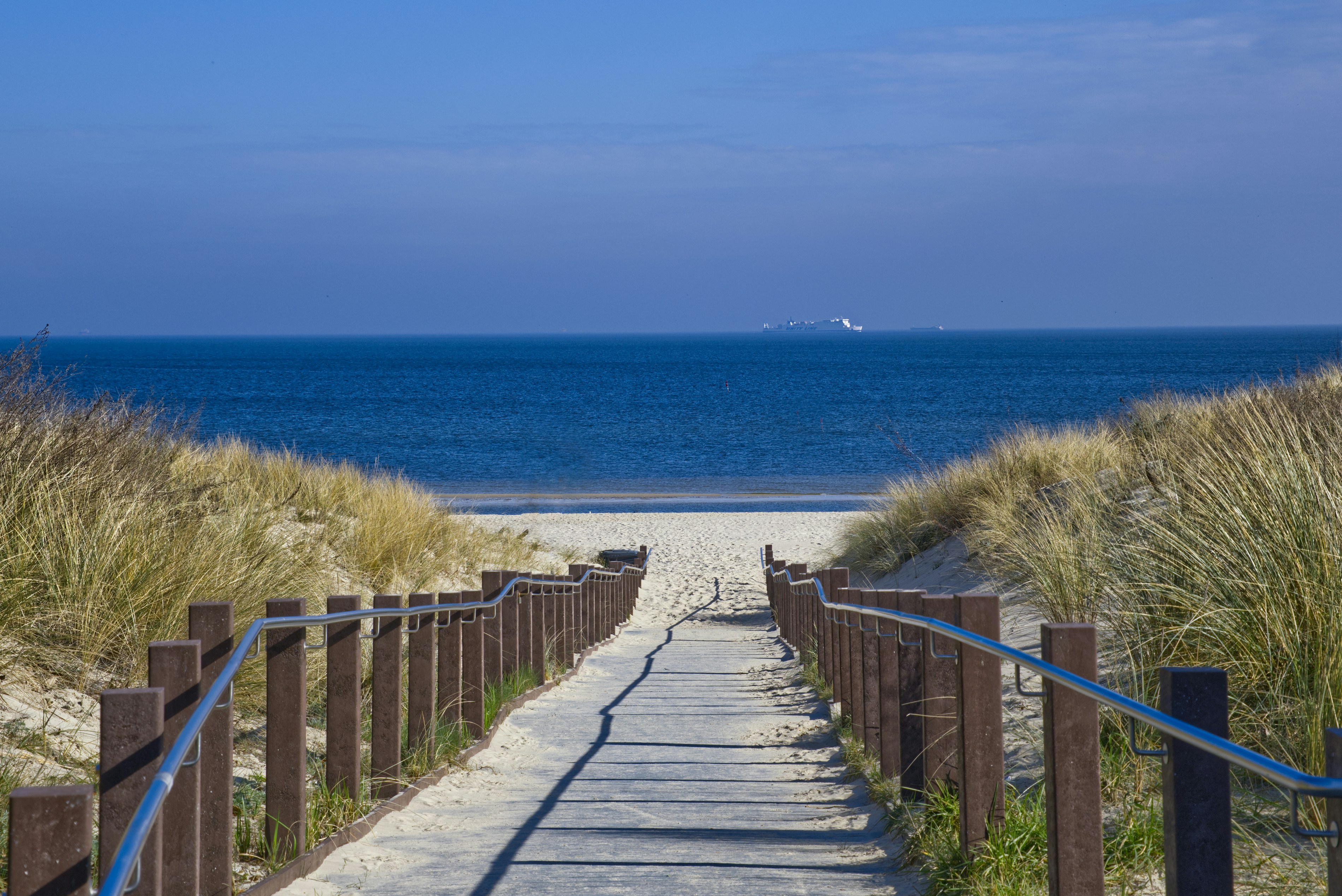 Wooden pathway leading to a sandy beach, flanked by tall grasses and a serene blue ocean in the background.