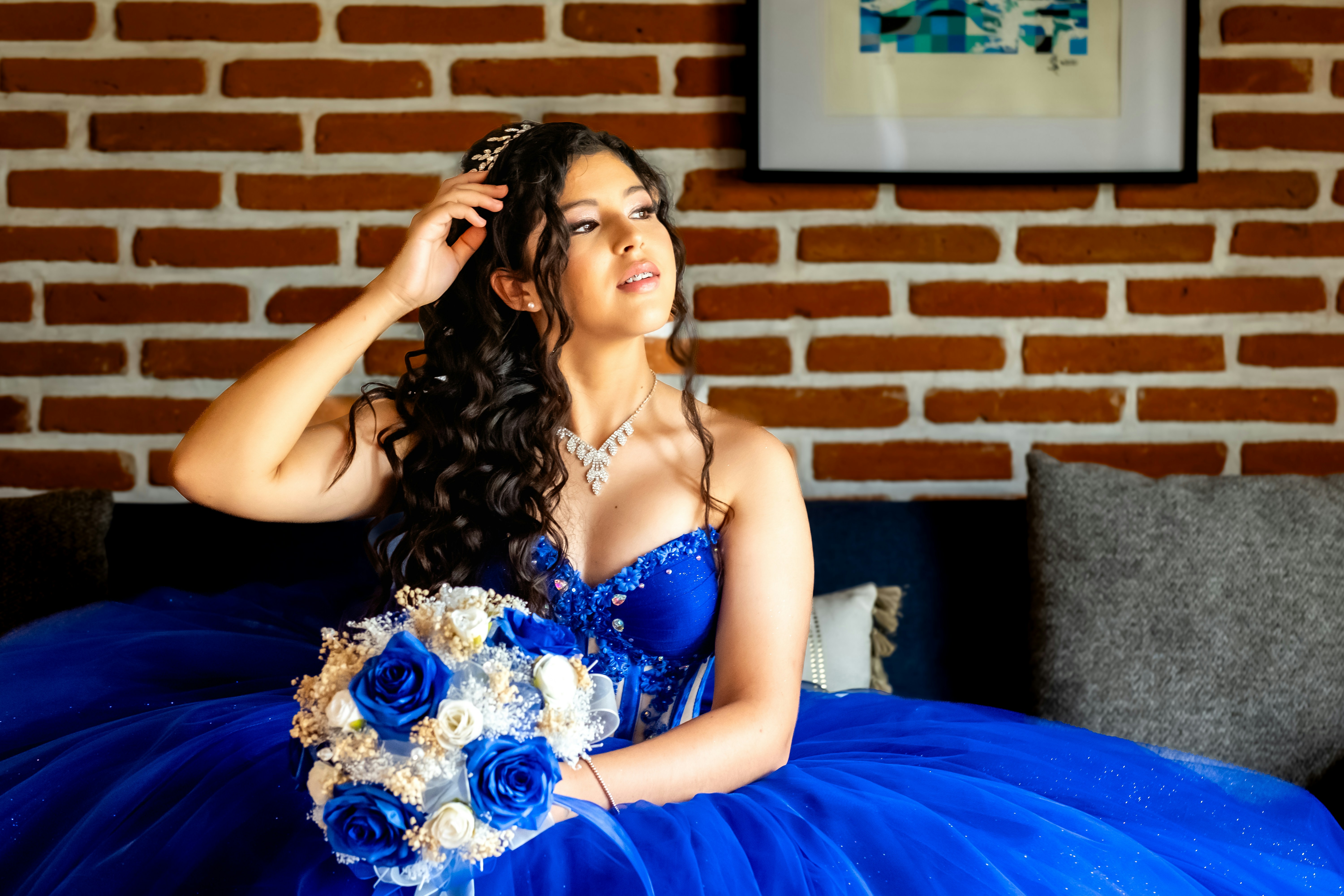 Elegance in Blue Against Brick