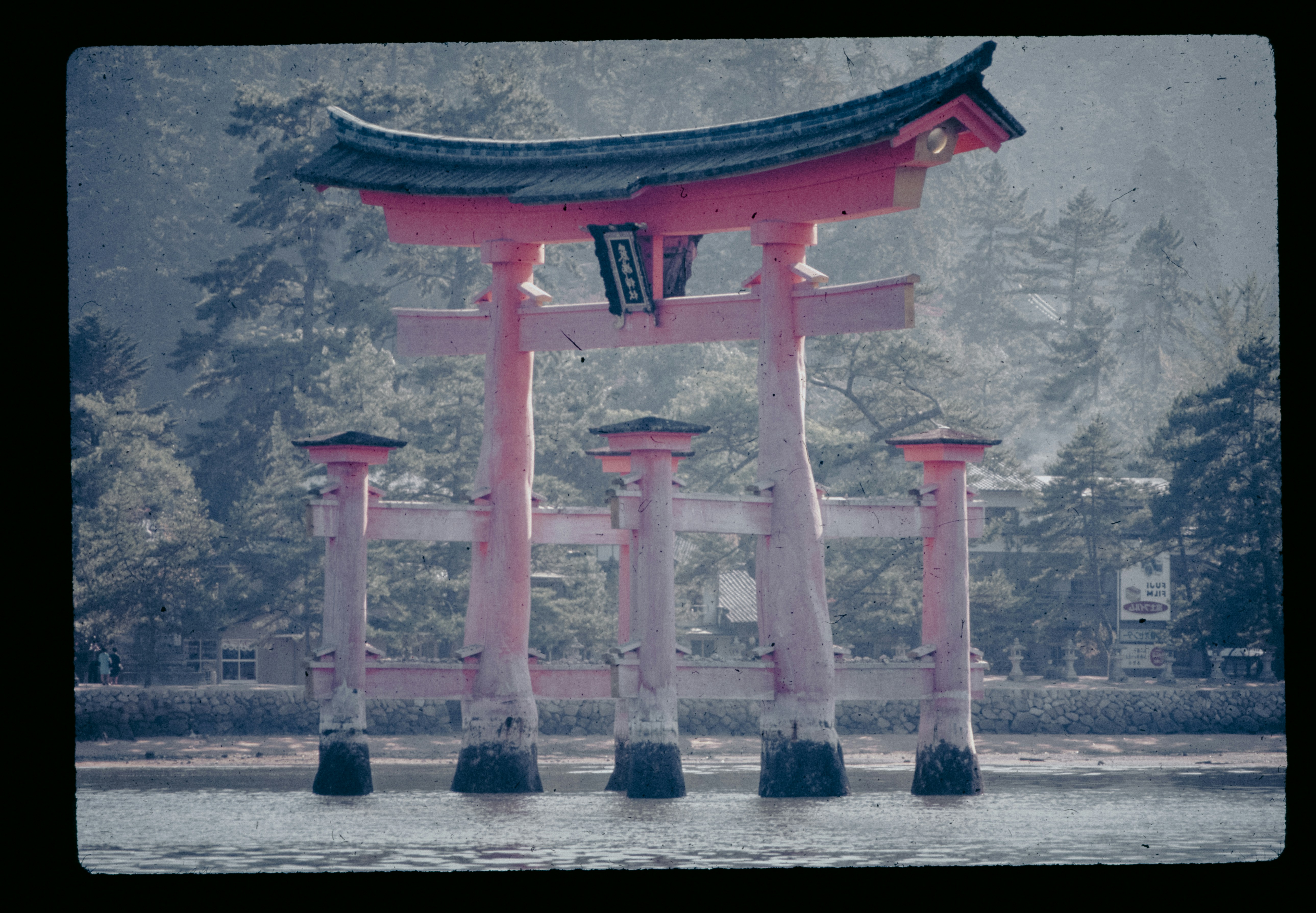 A pink gate with a black roof and trees in the background photo – Free ...