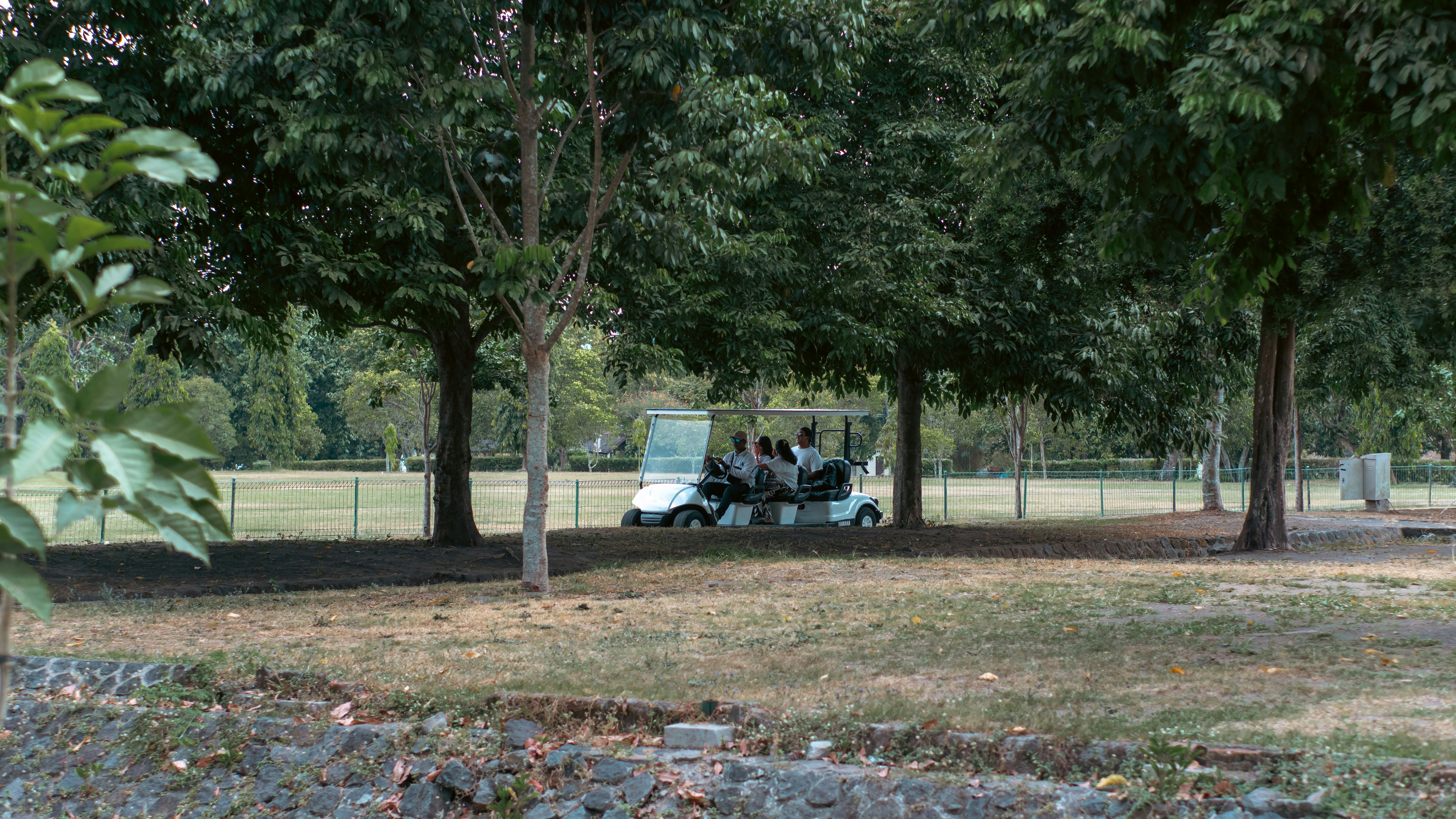 A group of people sitting on a bench in a park