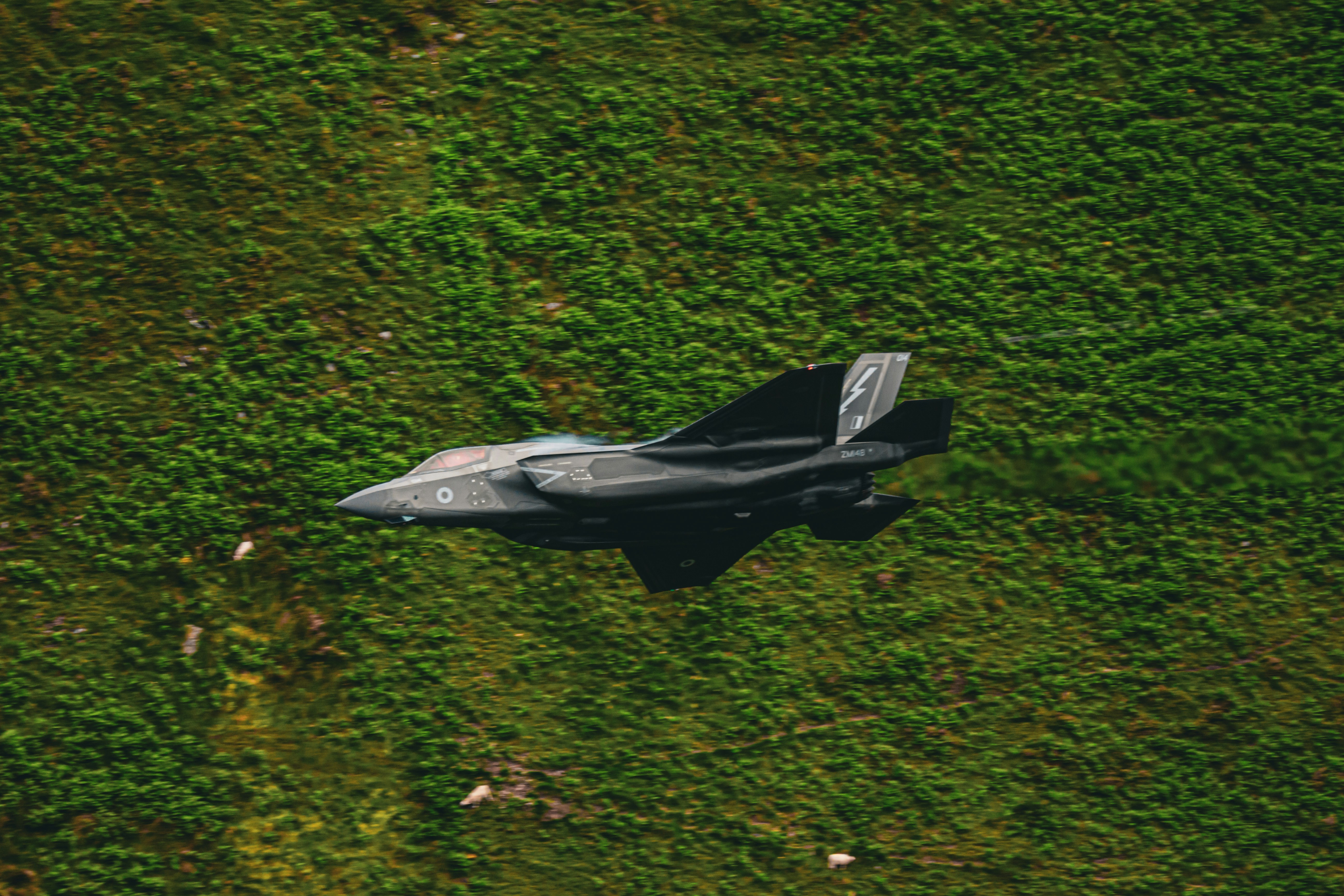 Canopy Runner: A stealth jet traces a silent path above a green sea