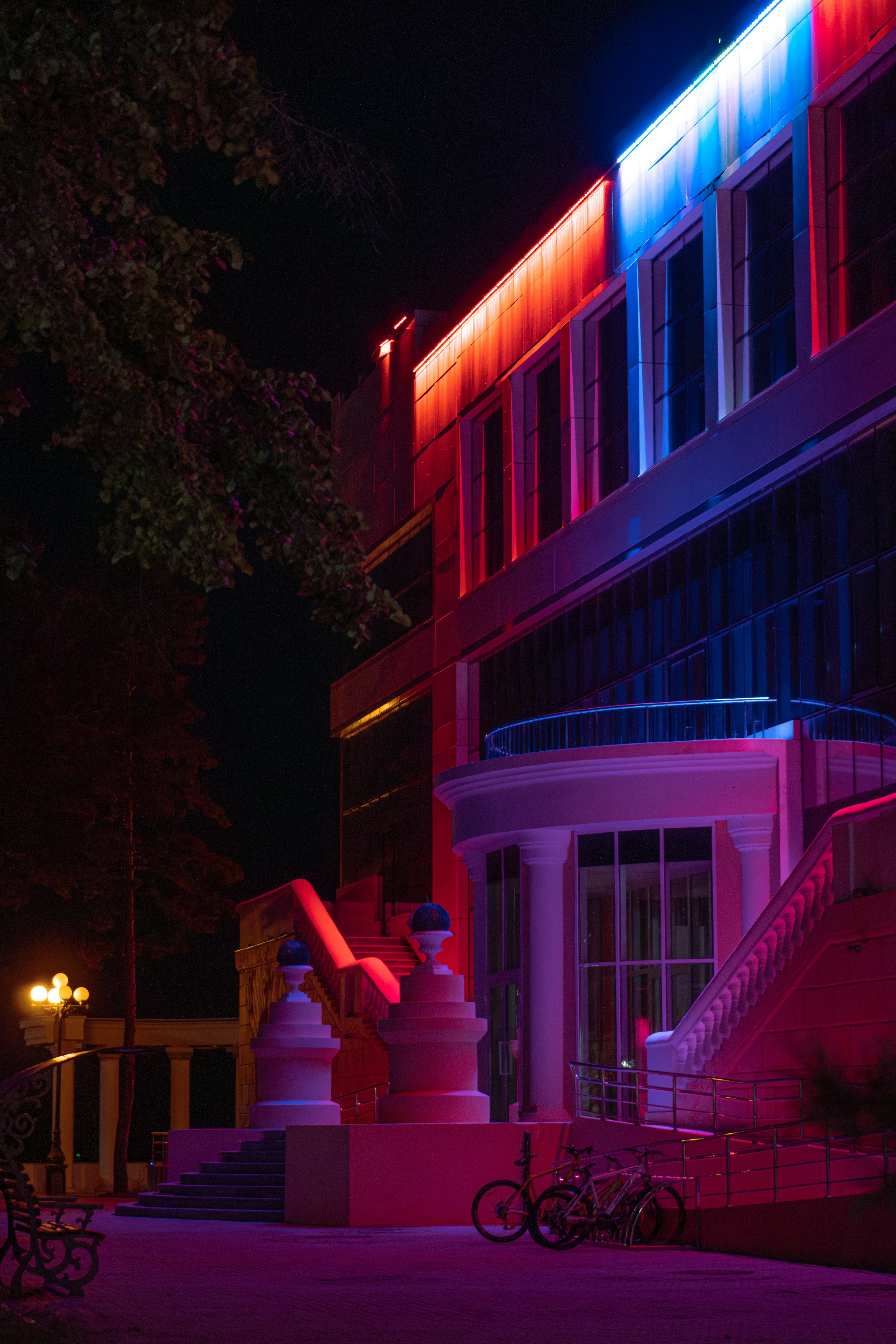 Neon Facade: Night Bloom on a Neon Staircase