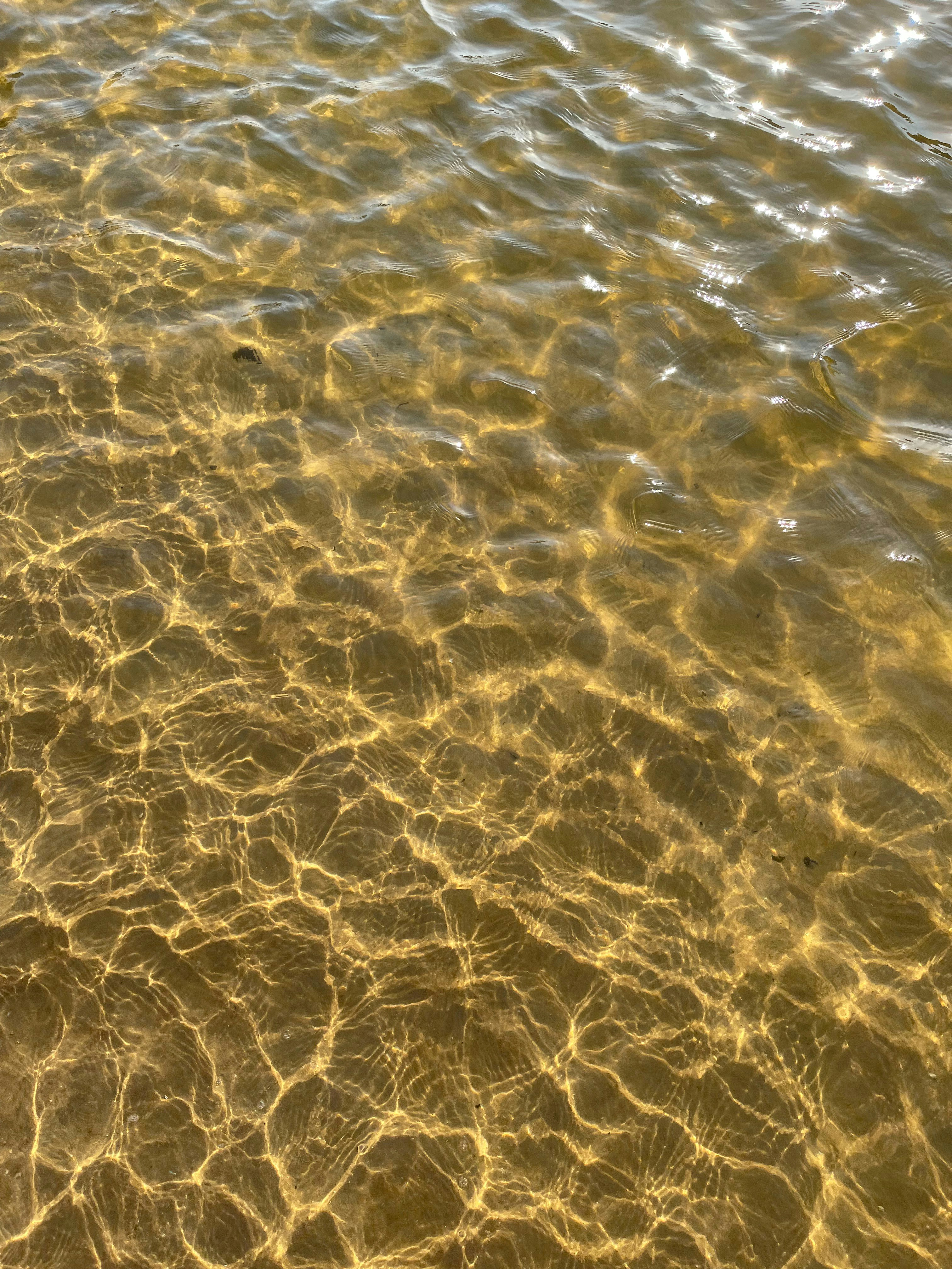 Sunlit water ripples create intricate patterns on a sandy lakebed.