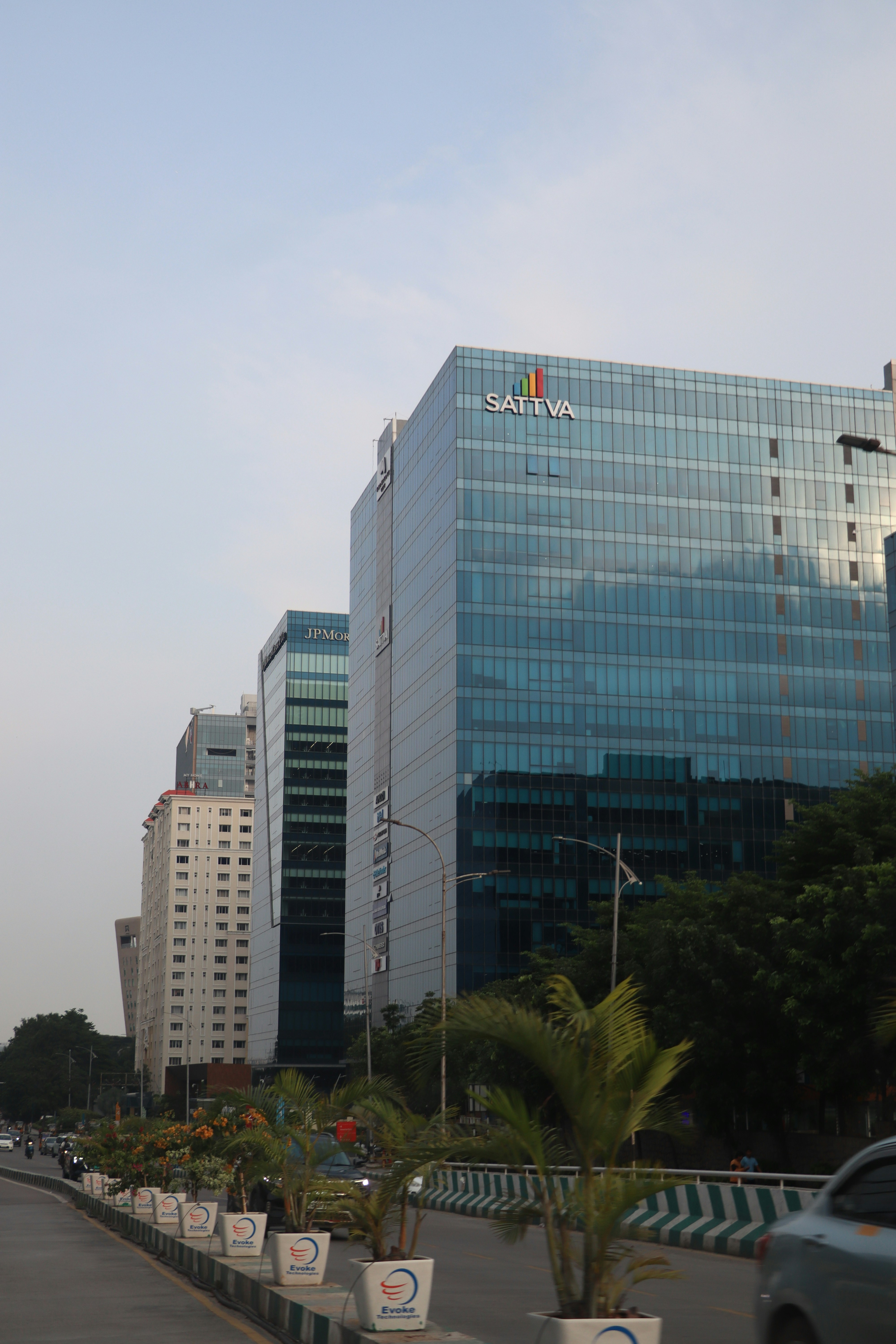 Azure Glassfront Skyscrapers Framing a Palm-Lined Urban Boulevard