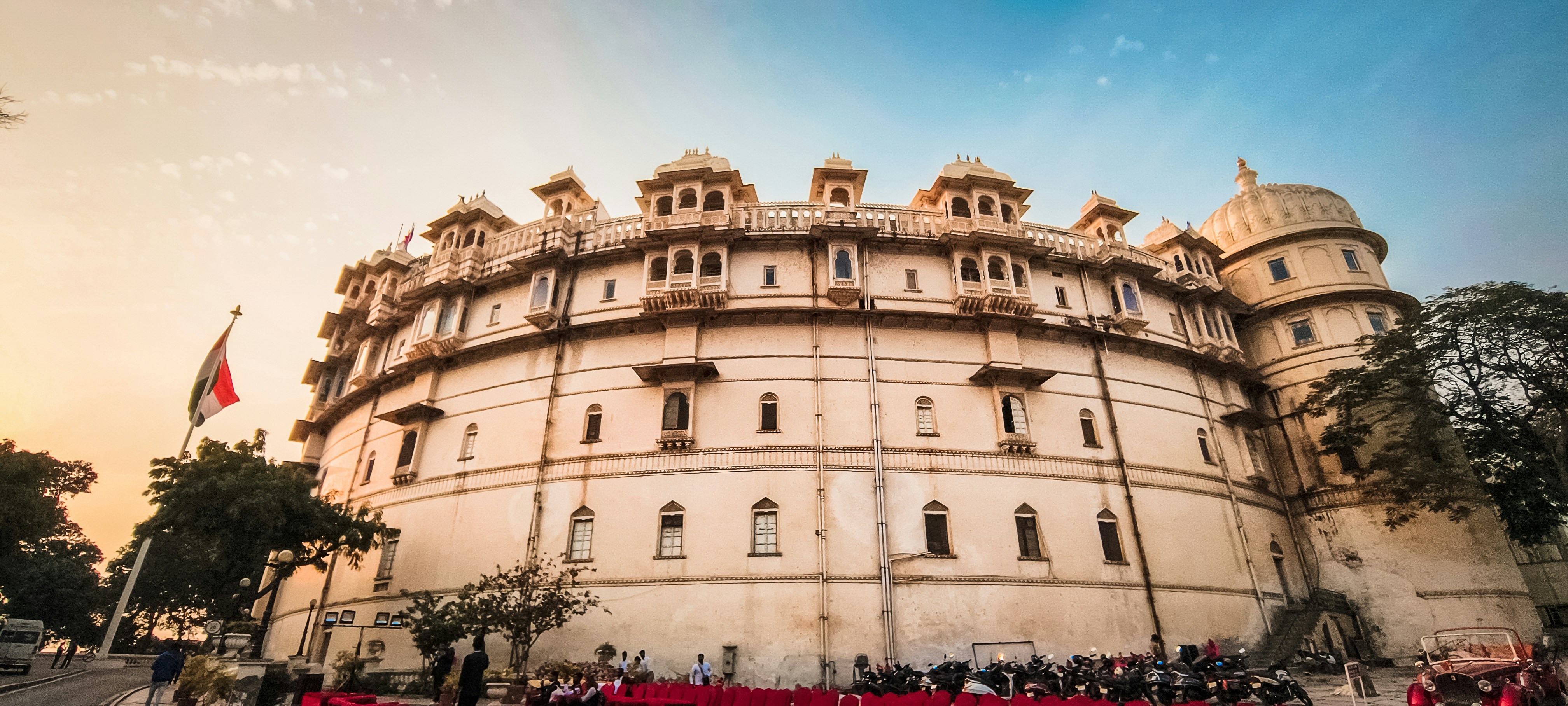 Historic fort with intricate domes and arches under a clear blue sky.
