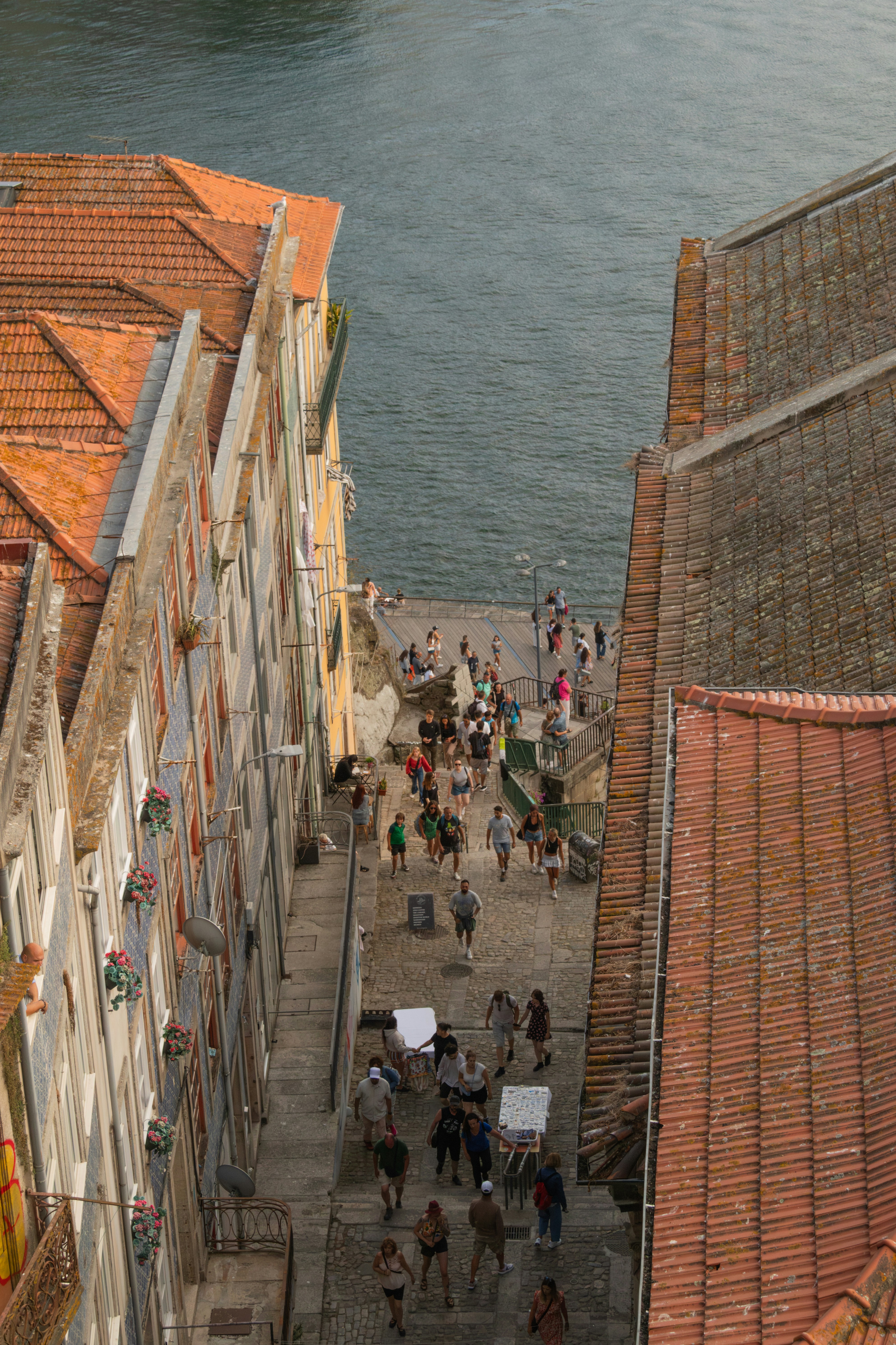 Vertical Alley of Tourists: Terracotta Roofs Framing a Crowded Harbor Path