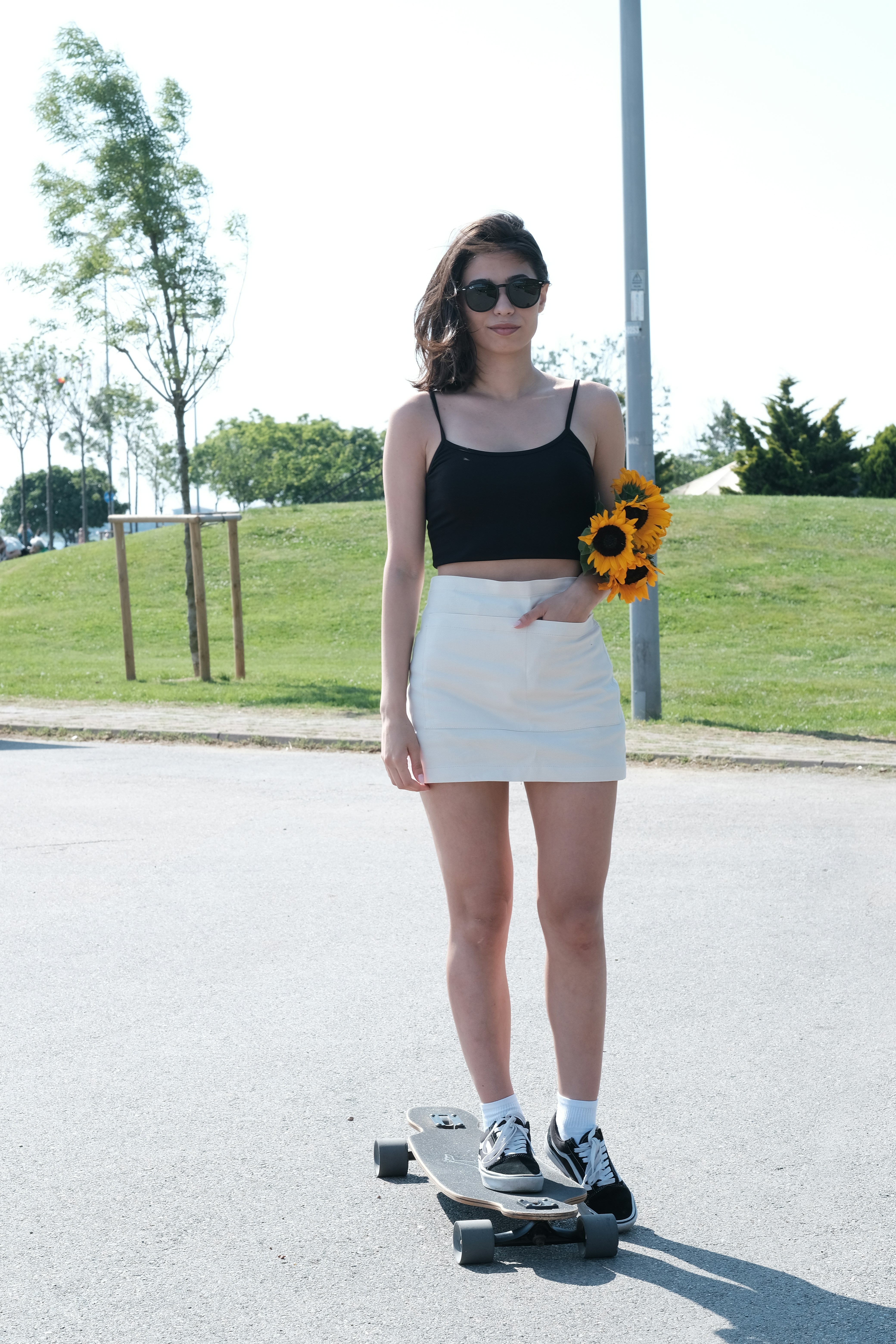 Sunlit Street Style: Sunflowers, Silhouettes, and a Longboard