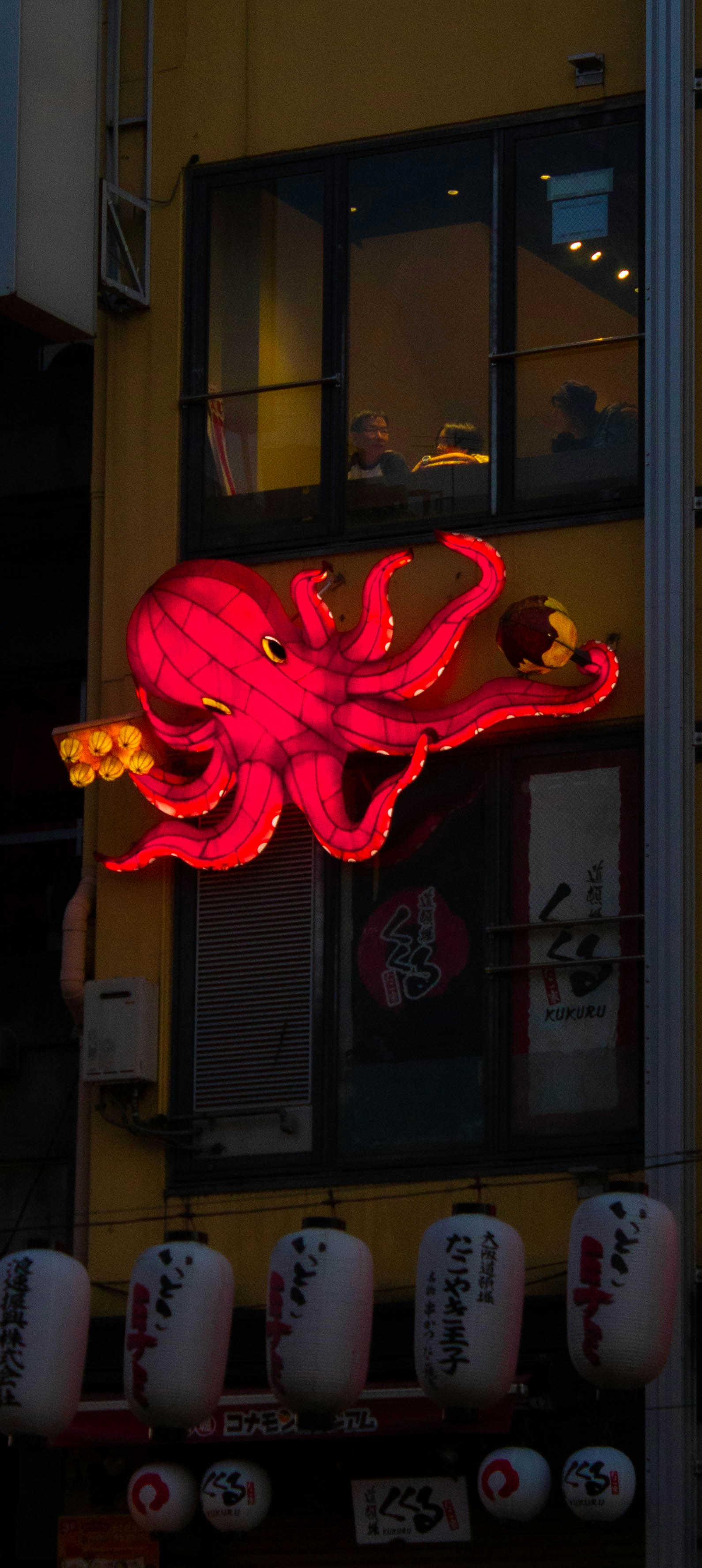 A neon octopus sign on the side of a building photo – Free Human Image ...