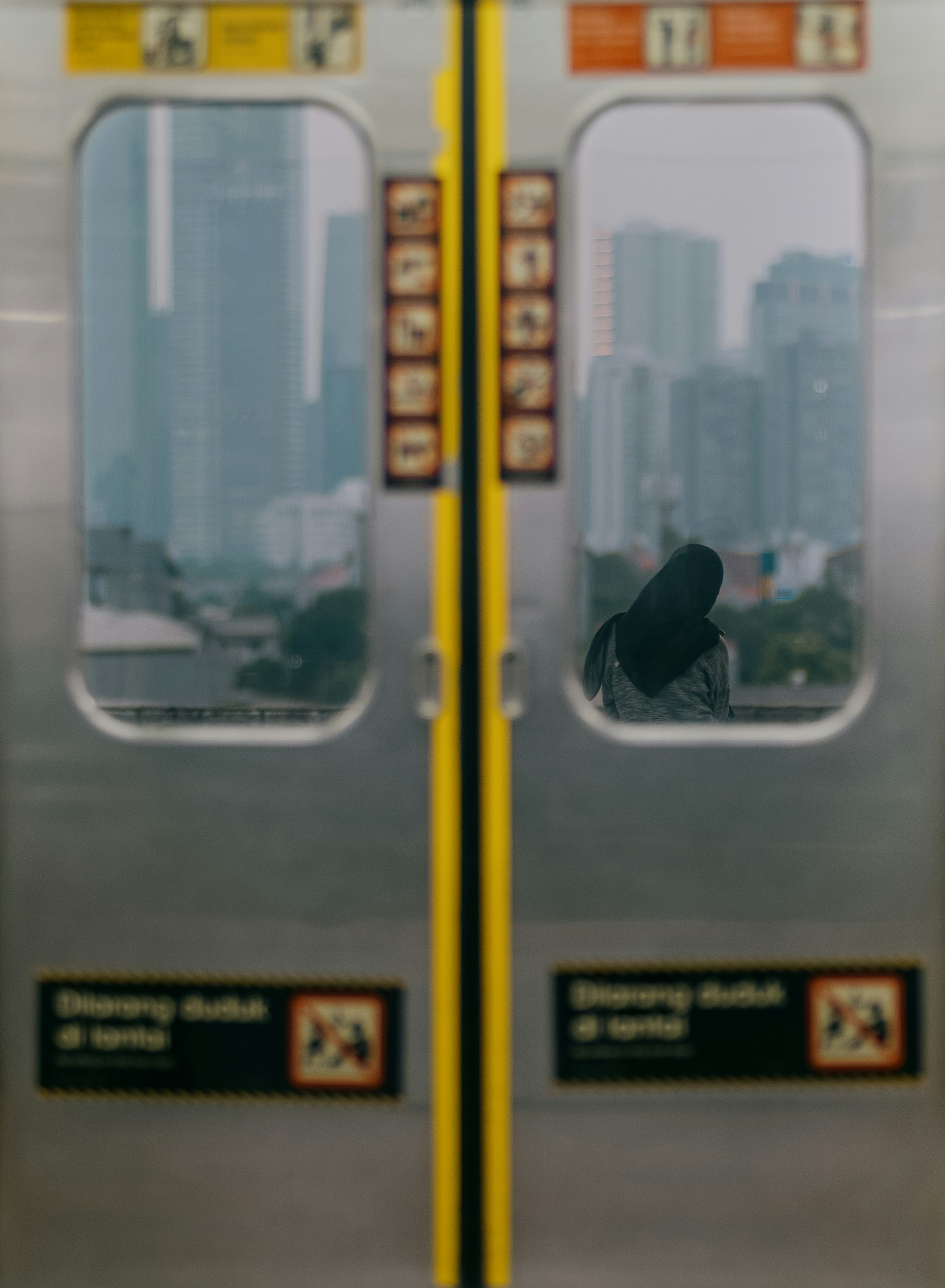 Between Doors and Dawn: A Quiet Silhouette Framed by a Blurred Cityscape