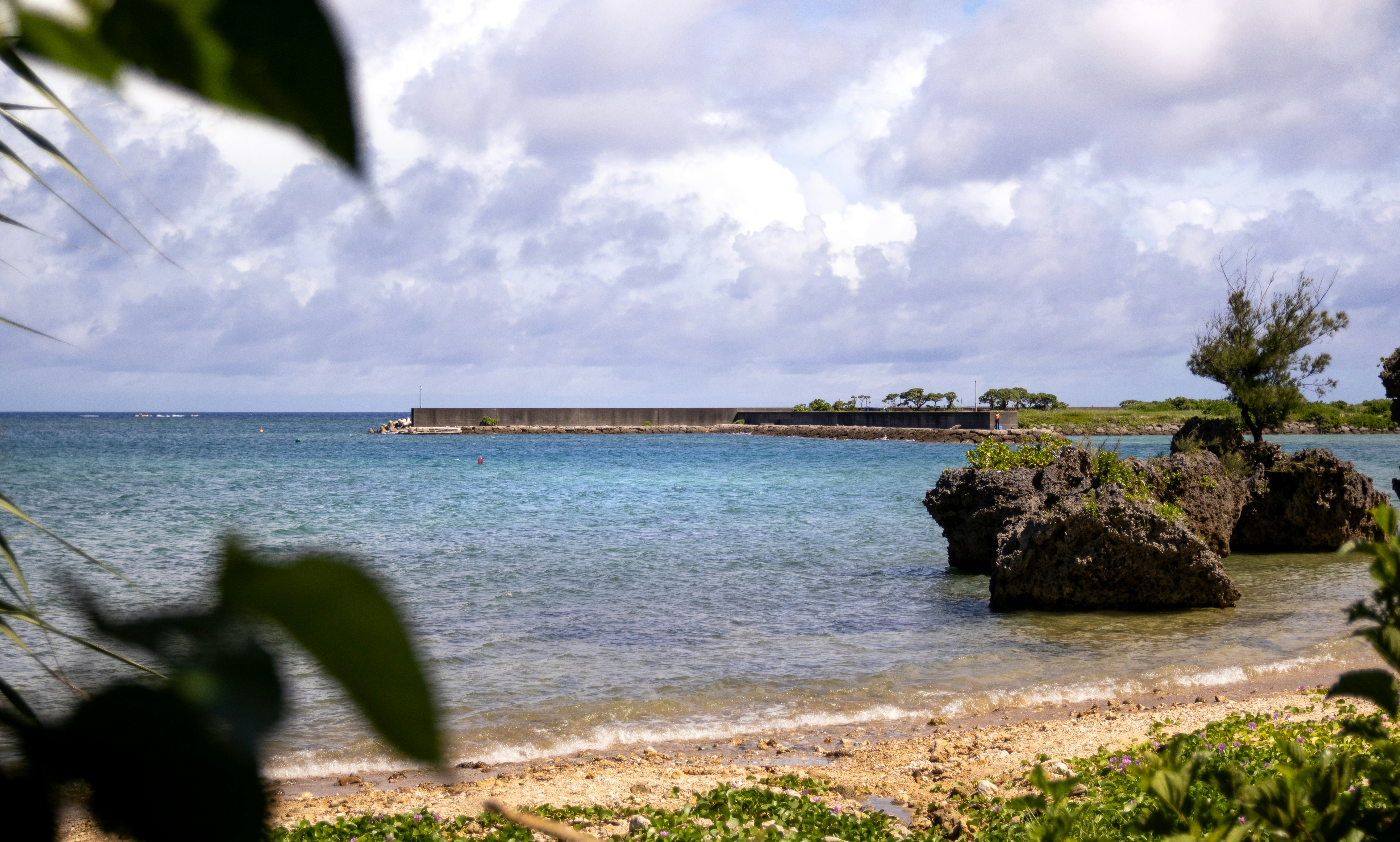 Coastal landscape featuring rocky outcrops and tranquil waters under a cloudy sky, with lush vegetation framing the scene.