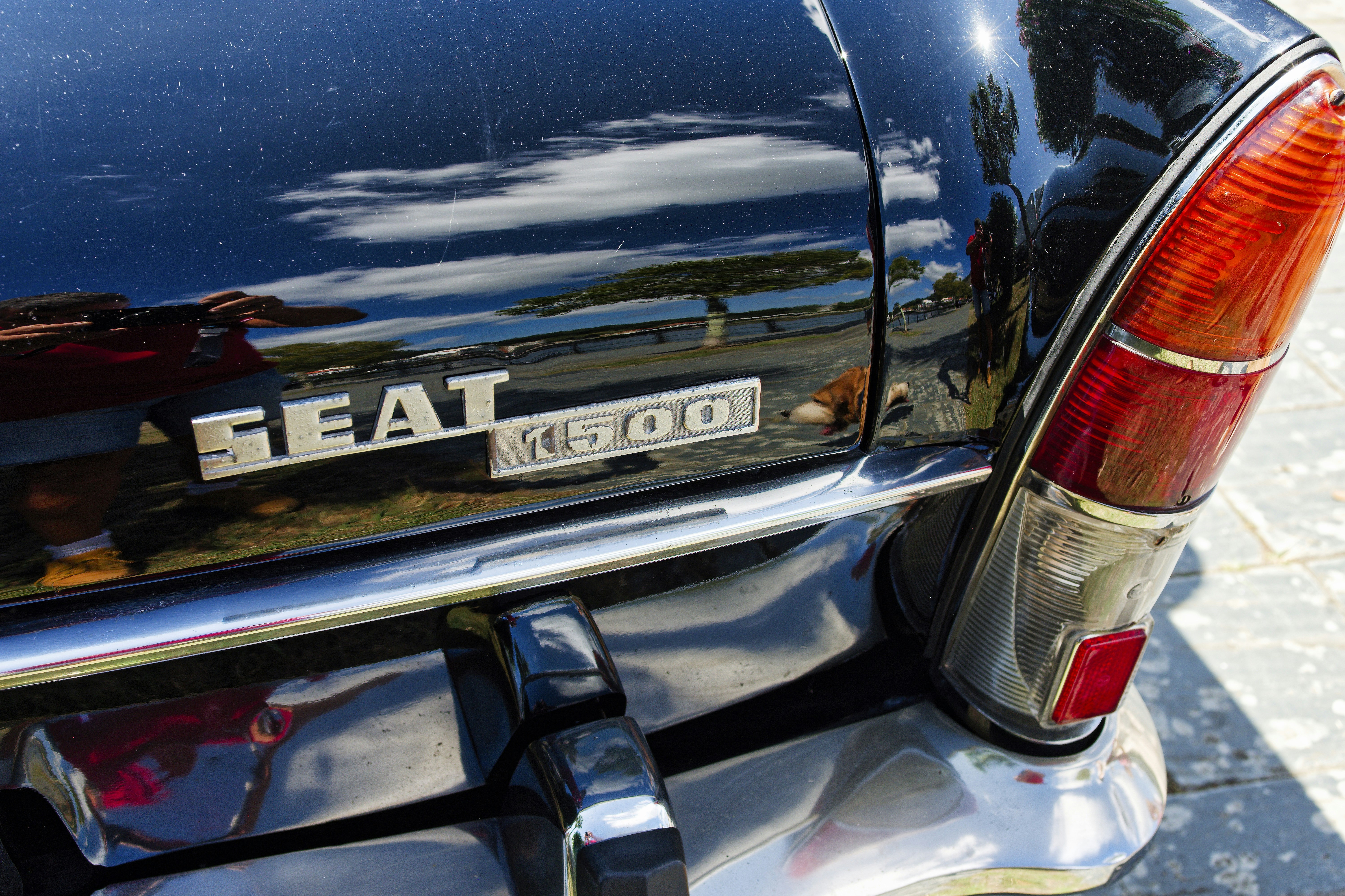 Close-up of a SEAT 1500's rear emblem with gleaming chrome reflecting a clear blue sky and surrounding greenery.