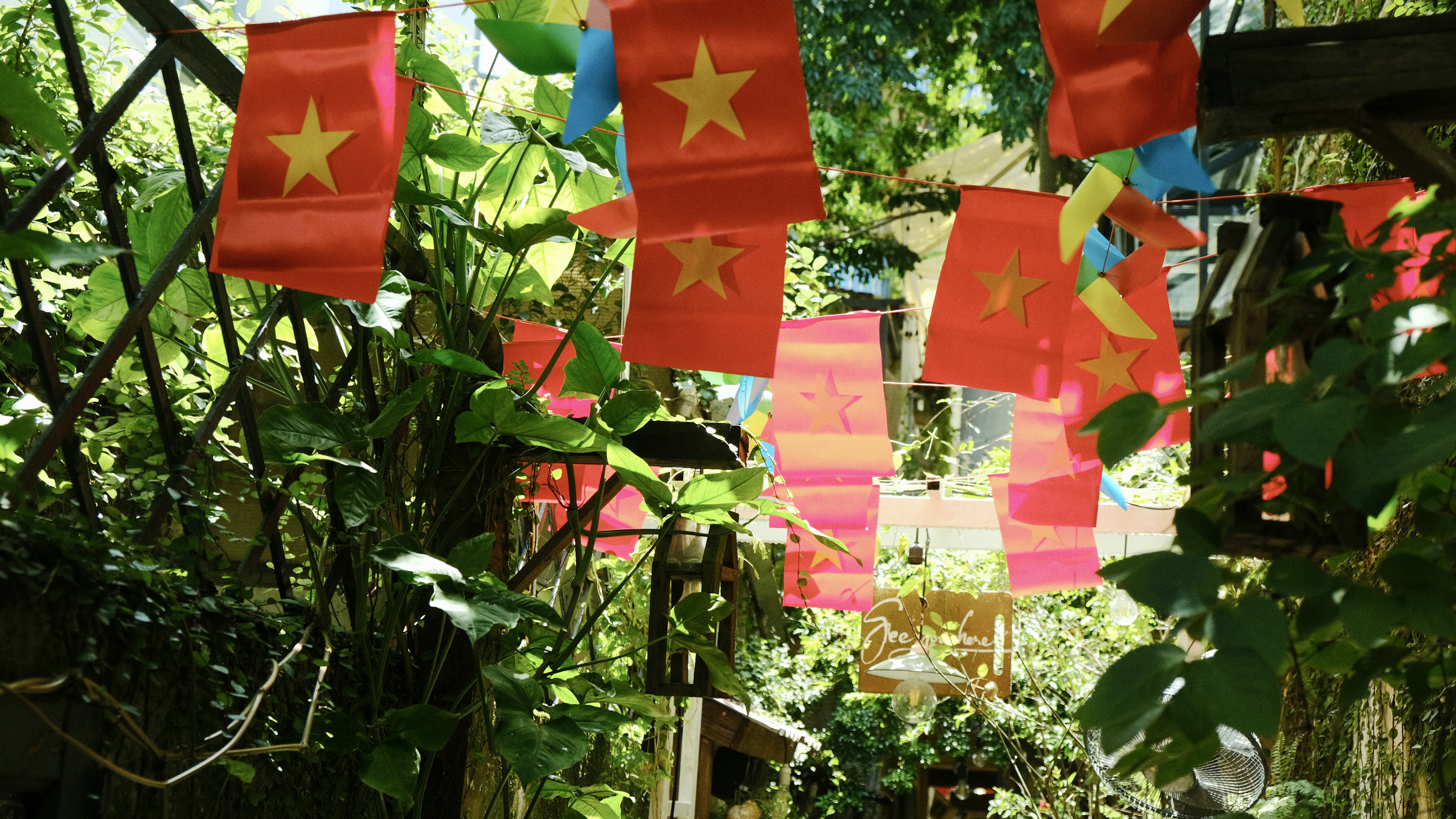 Canopy of Red Star Flags Over a Sunlit Green Courtyard