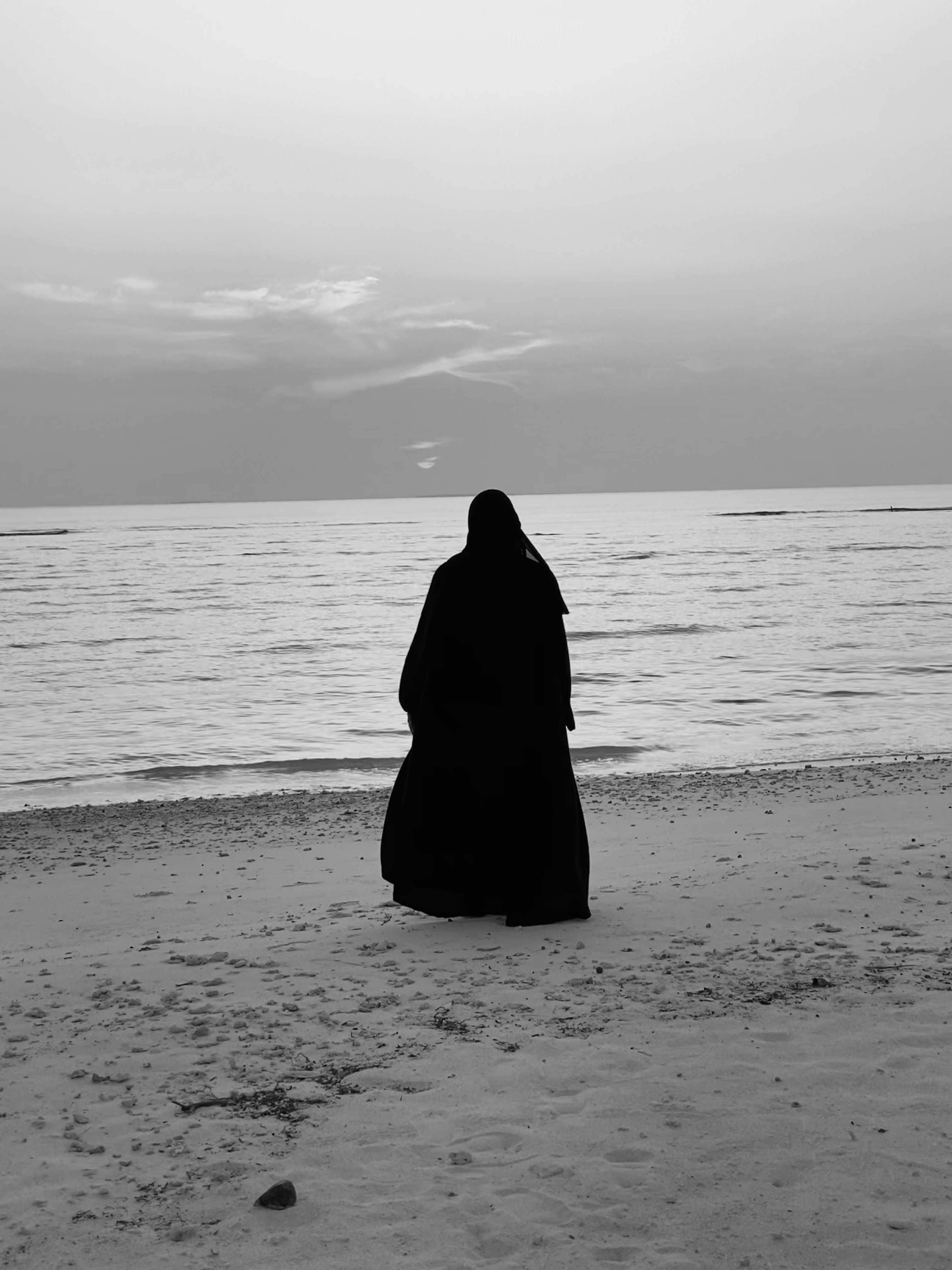 Dusk Sentinel on the Shore: A Lone Cloaked Figure at the Sea's Edge