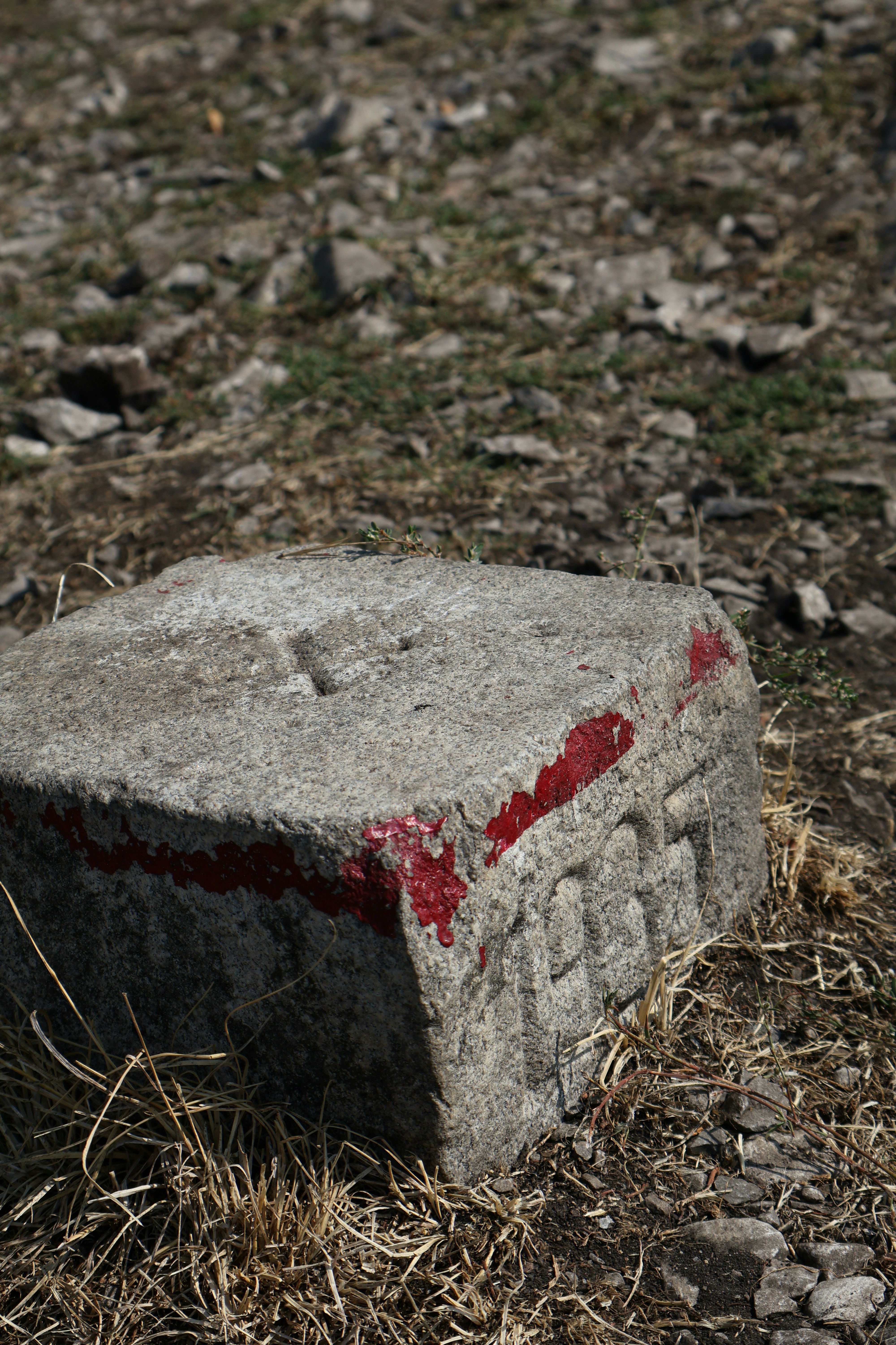 A cement block sitting in the middle of a field