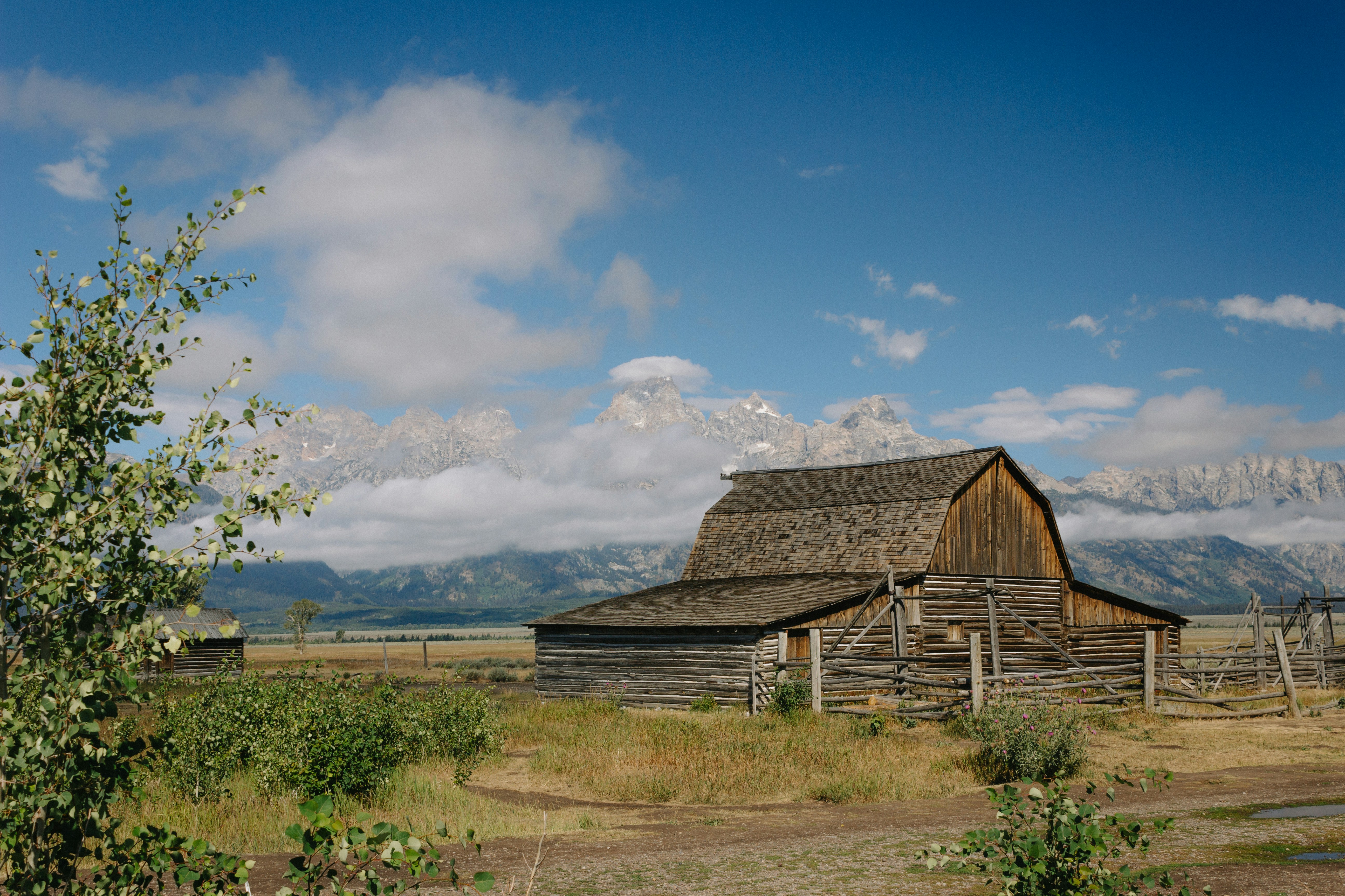 A barn in a field with mountains in the background photo – Free Teton ...
