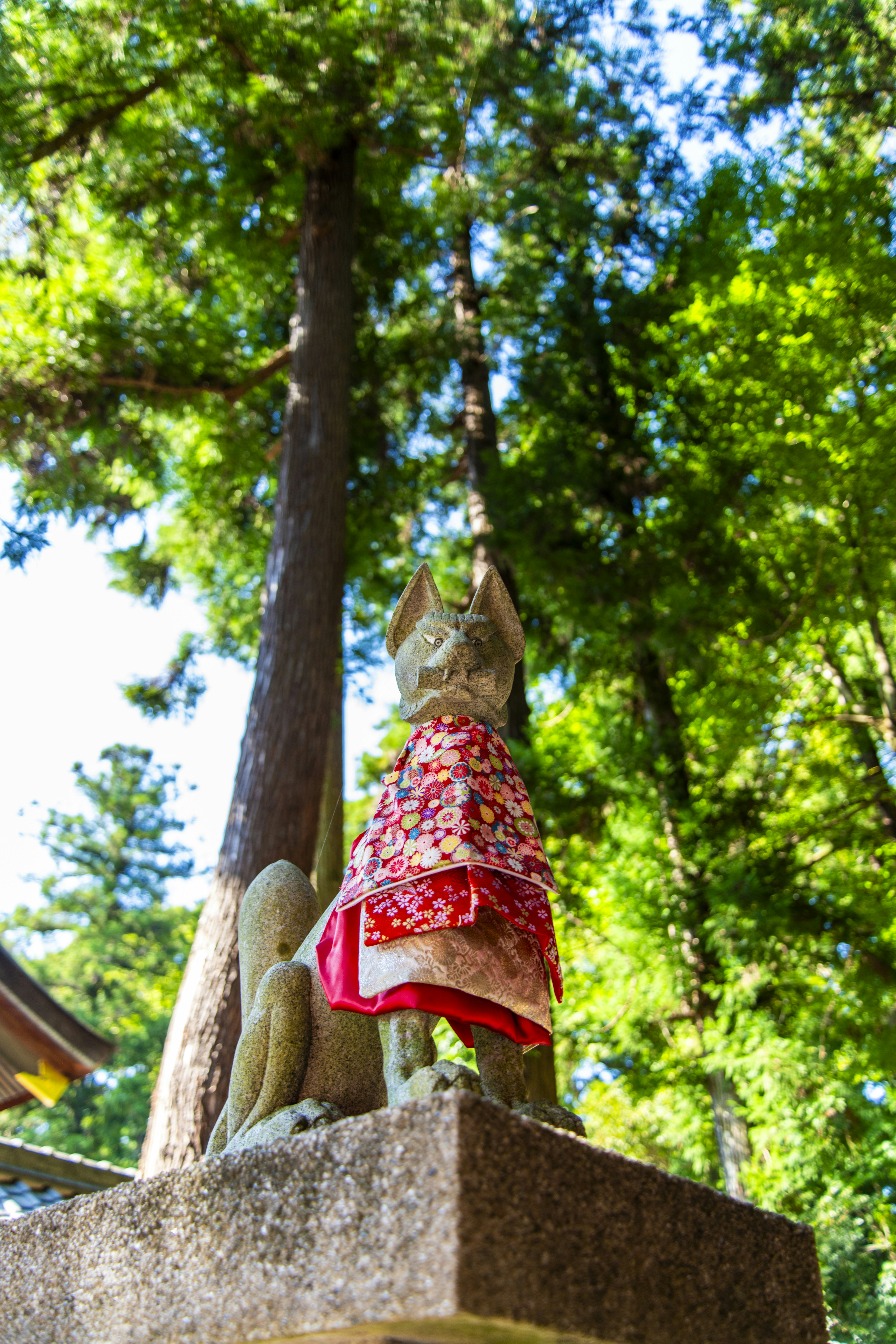 Floral-Kimono Fox Guardian in a Sunlit Shrine Forest