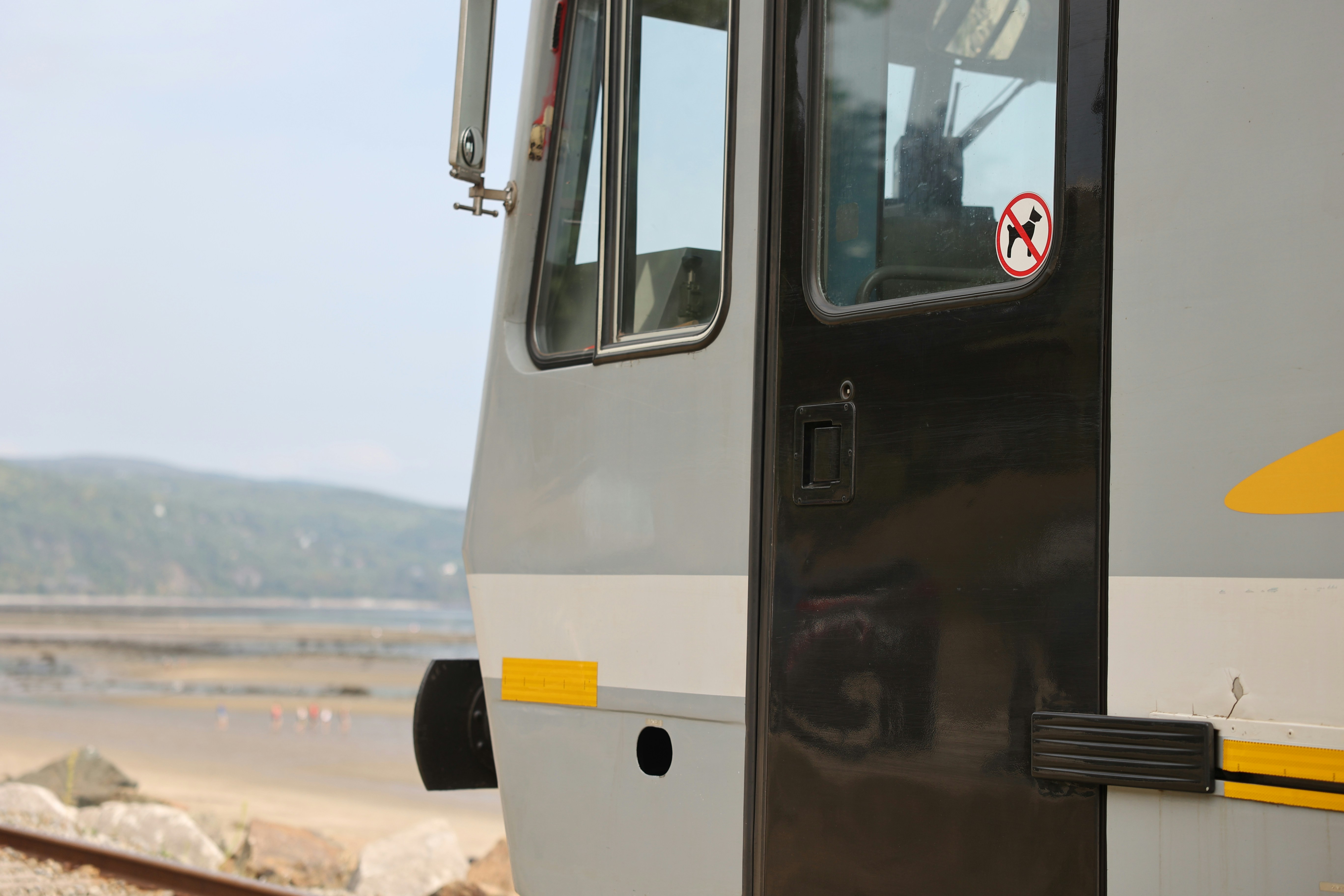 A close-up view of a train's side door, with a "no dog allowed" sign on the window. The train is stationary, with a scenic coastal background featuring a beach, water, and distant hills under a soft, clear sky.