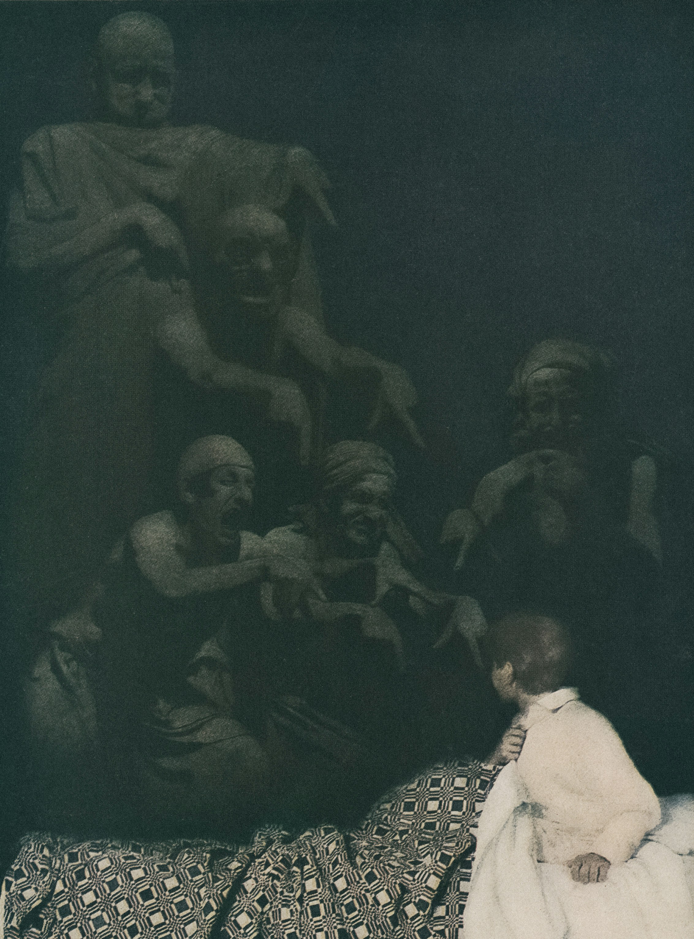 A child gazes curiously at shadowy figures, evoking a sense of mystery and contemplation. The scene blends elements of realism and surrealism.