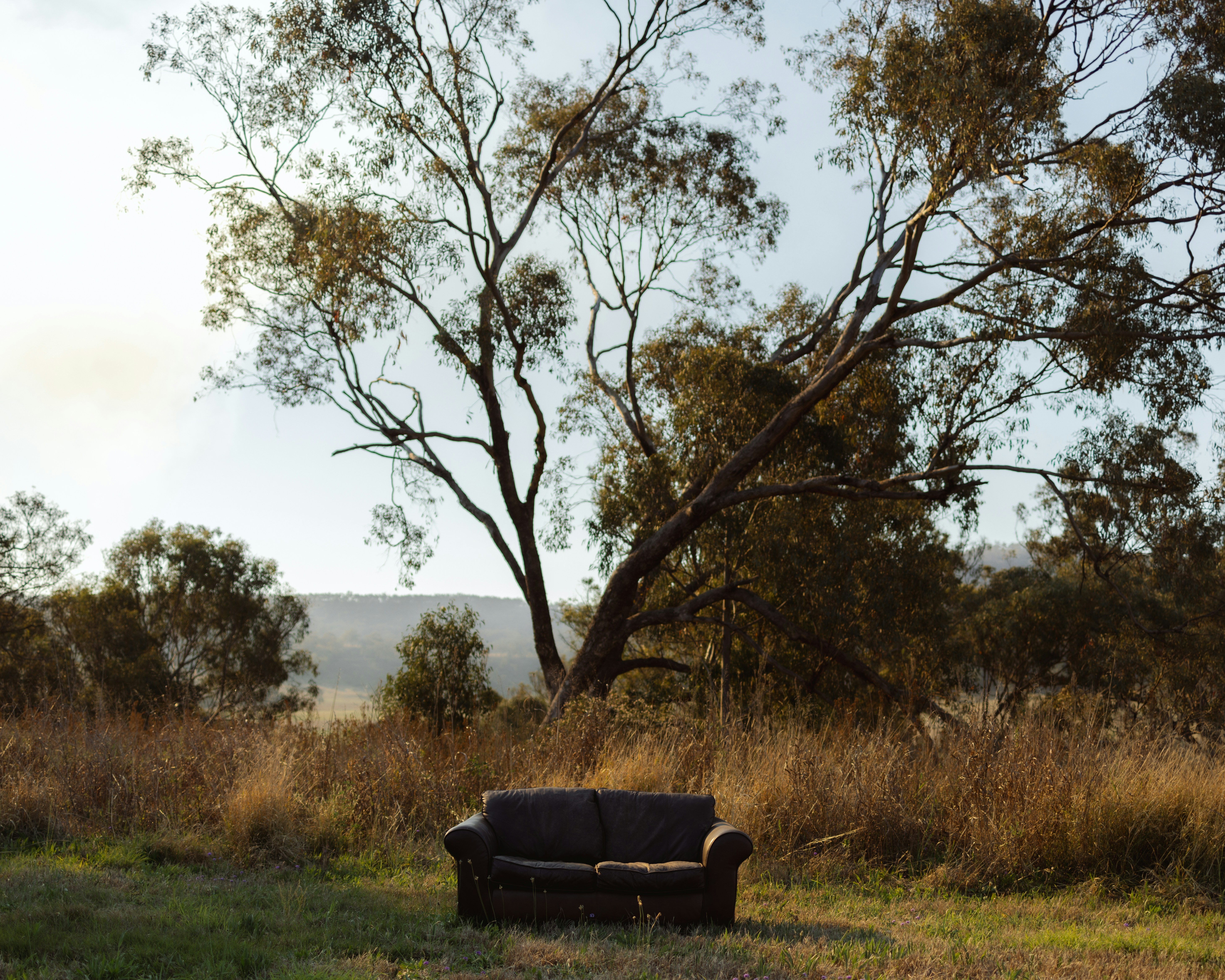 A couch sitting in the middle of a field