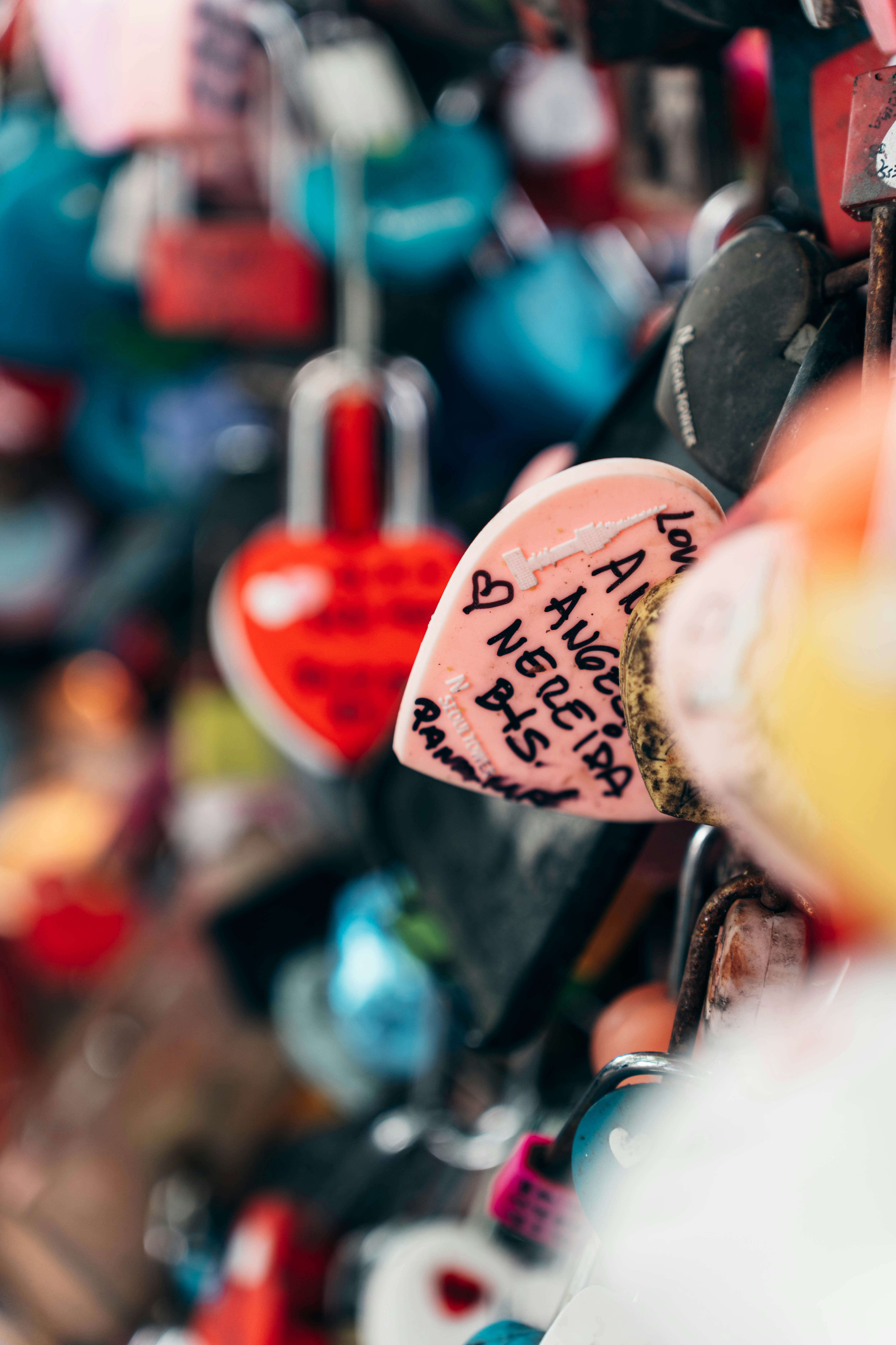 A close up of a bunch of love locks
