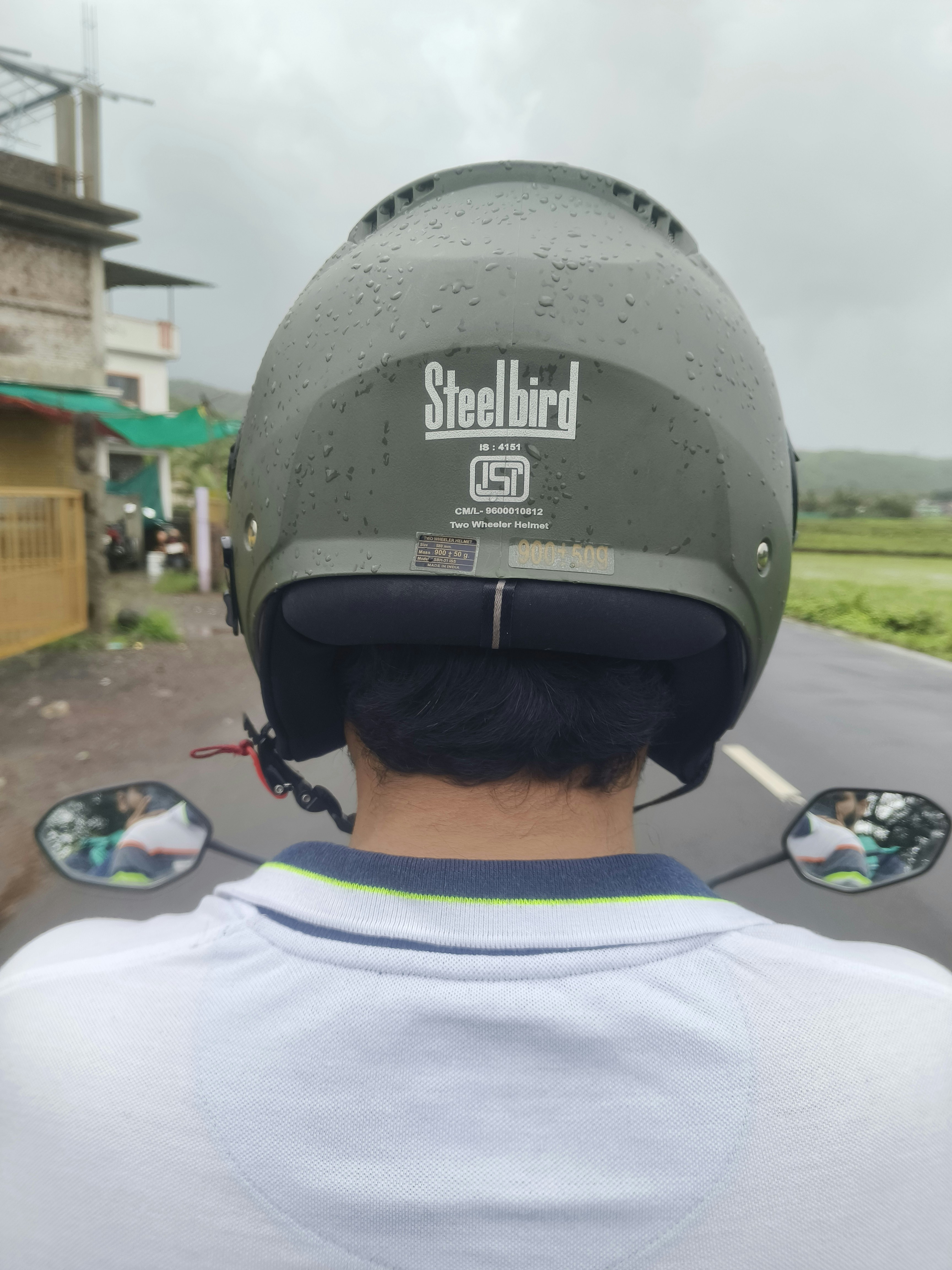 Rain-kissed Steelbird: A Quiet Back-View Portrait on a Rural Ride