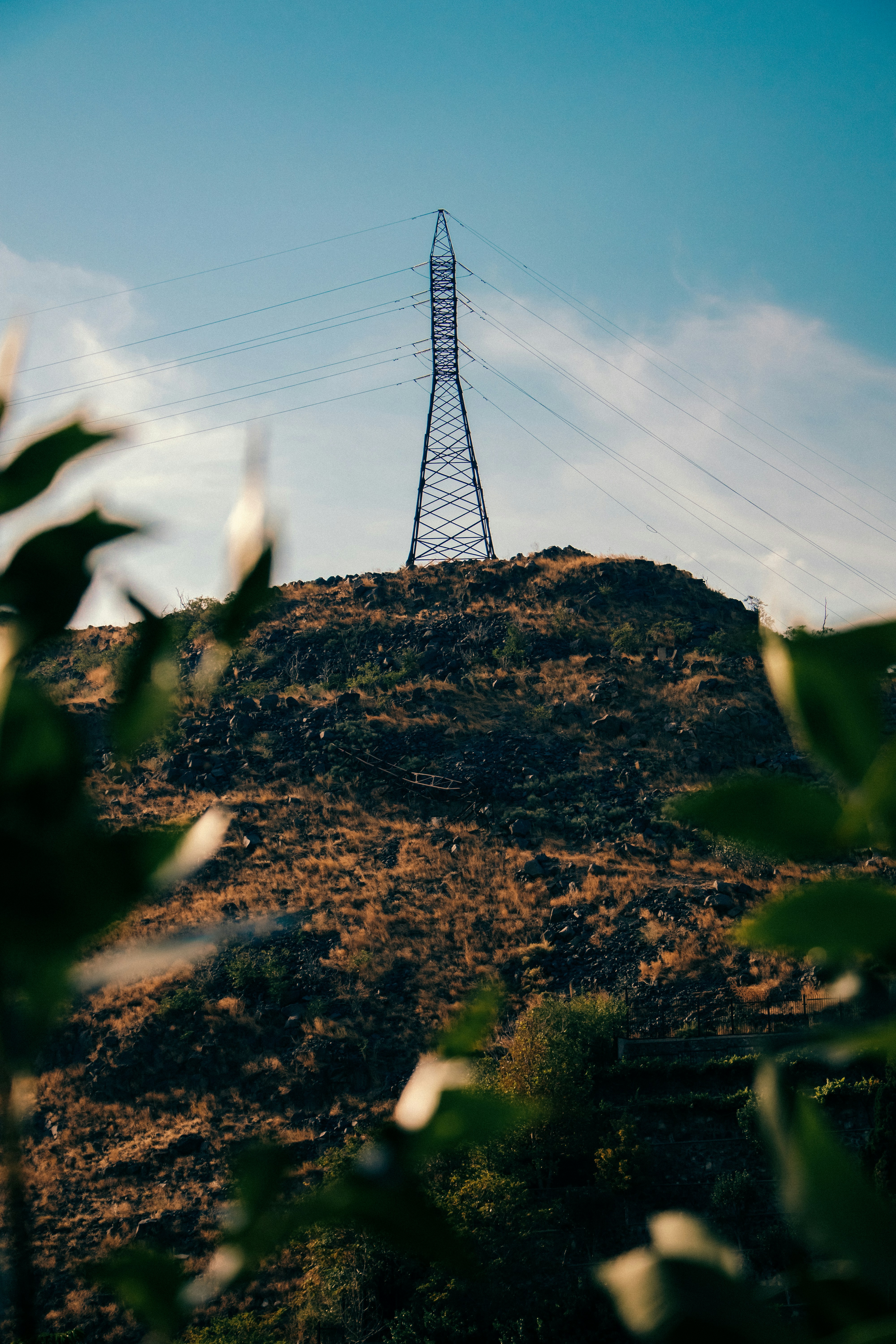 Ridgeline Sentinel: A lone transmission tower crowns a sunlit hillside