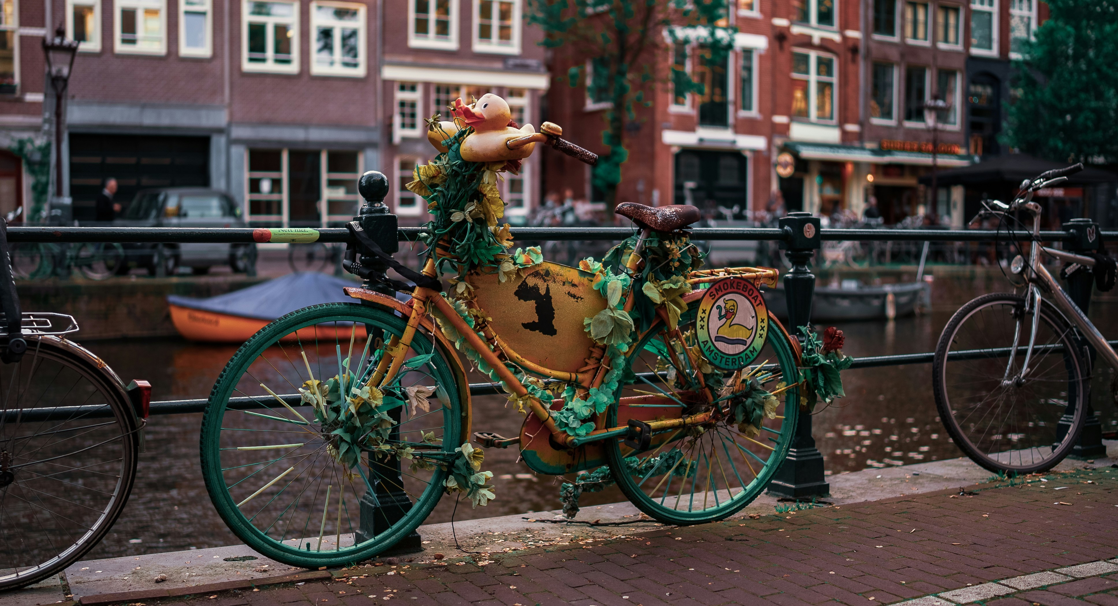 Photograph of a vine-draped bicycle chained to a canal railing, with a duck figure on the front and brick buildings in the background.