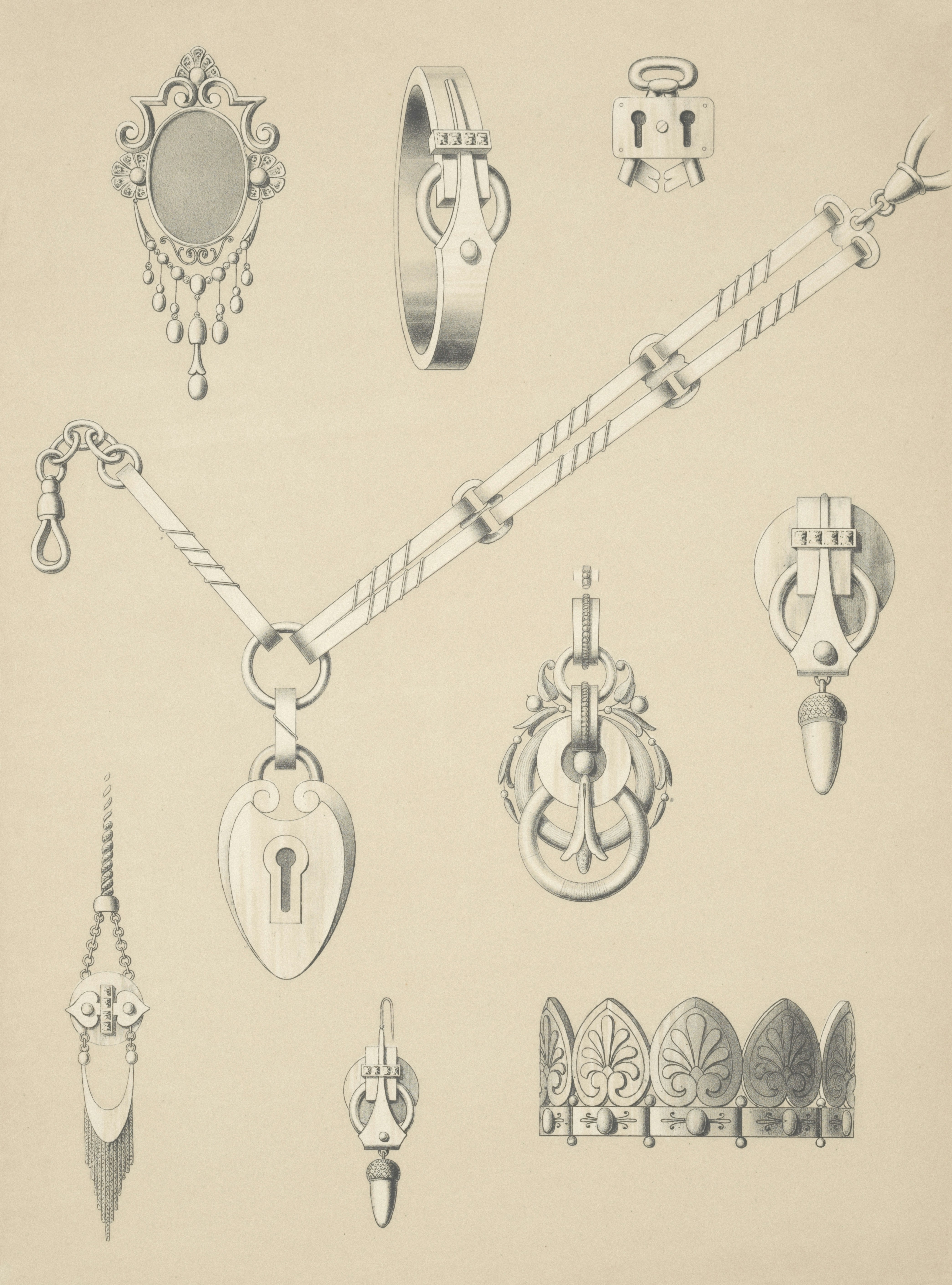 Detailed illustration showcasing various vintage fasteners and accessories, including locks, clasps, and decorative elements.