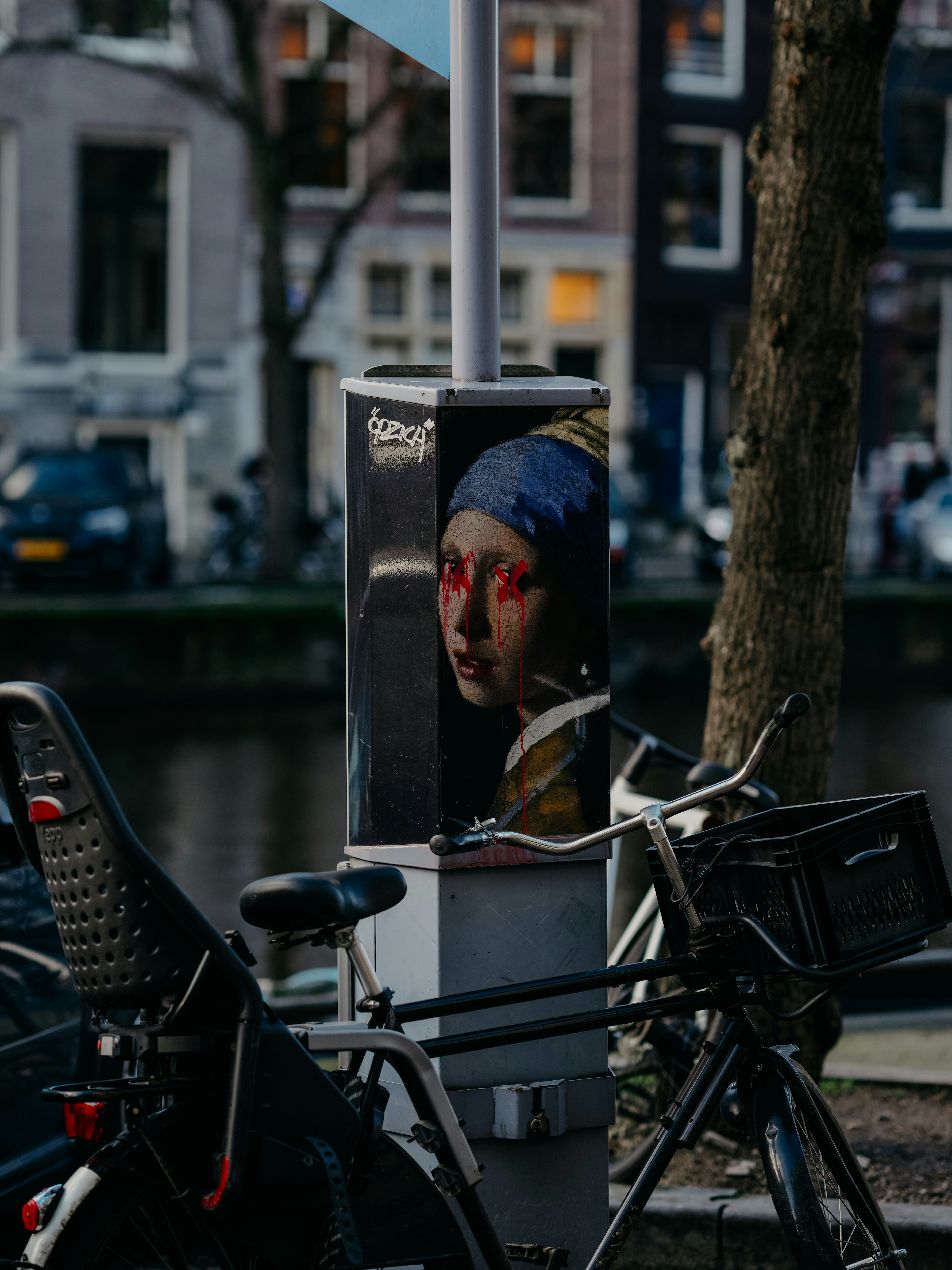 Weeping Portrait on a Canal Pole: Street Art Among Amsterdam Bicycles