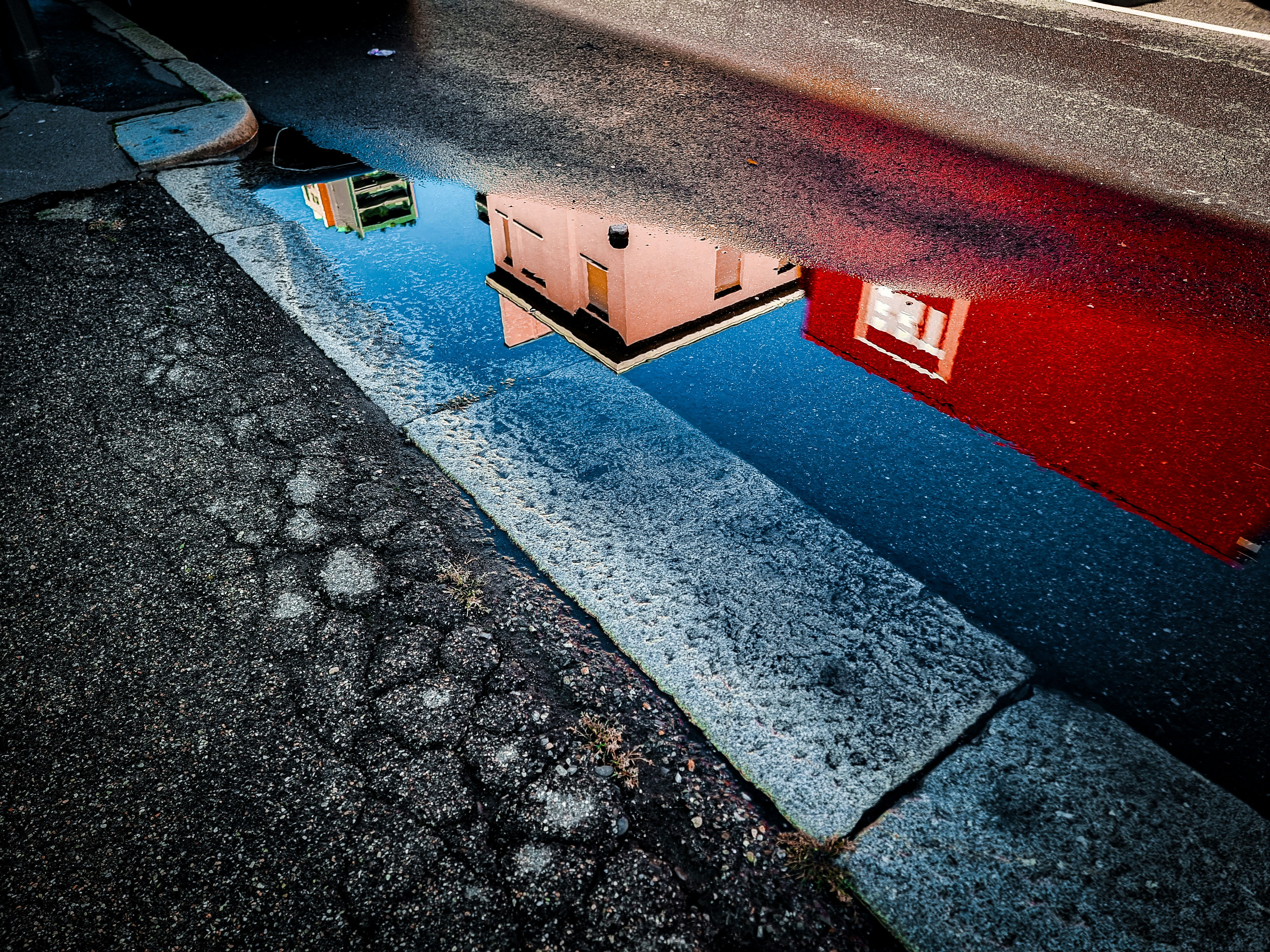 Cracked Asphalt, Neon Echoes: A Puddle Reflects the City's Painted Facades