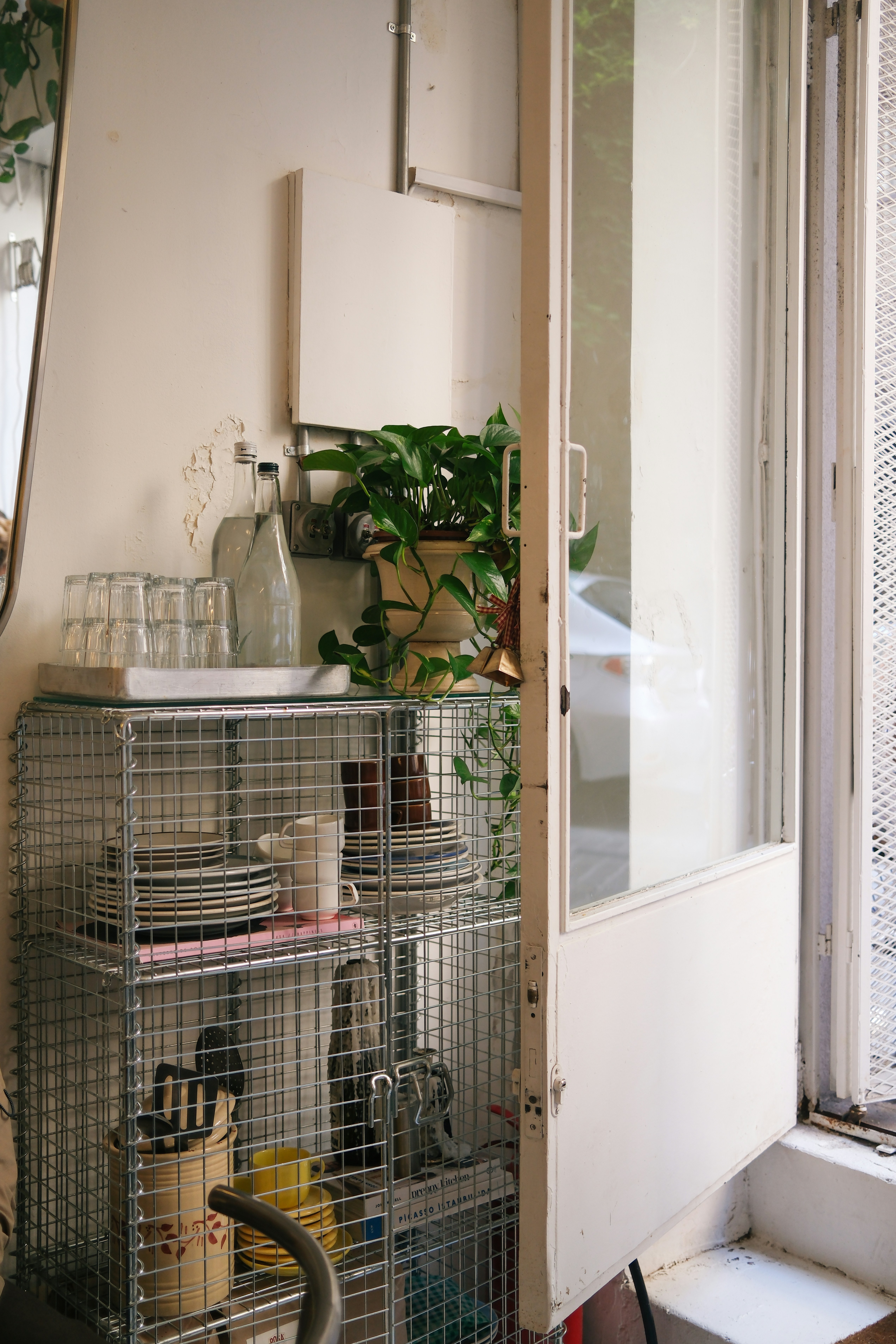 Greenery Above the Rack: A Sunlit Kitchen Nook by an Open Door