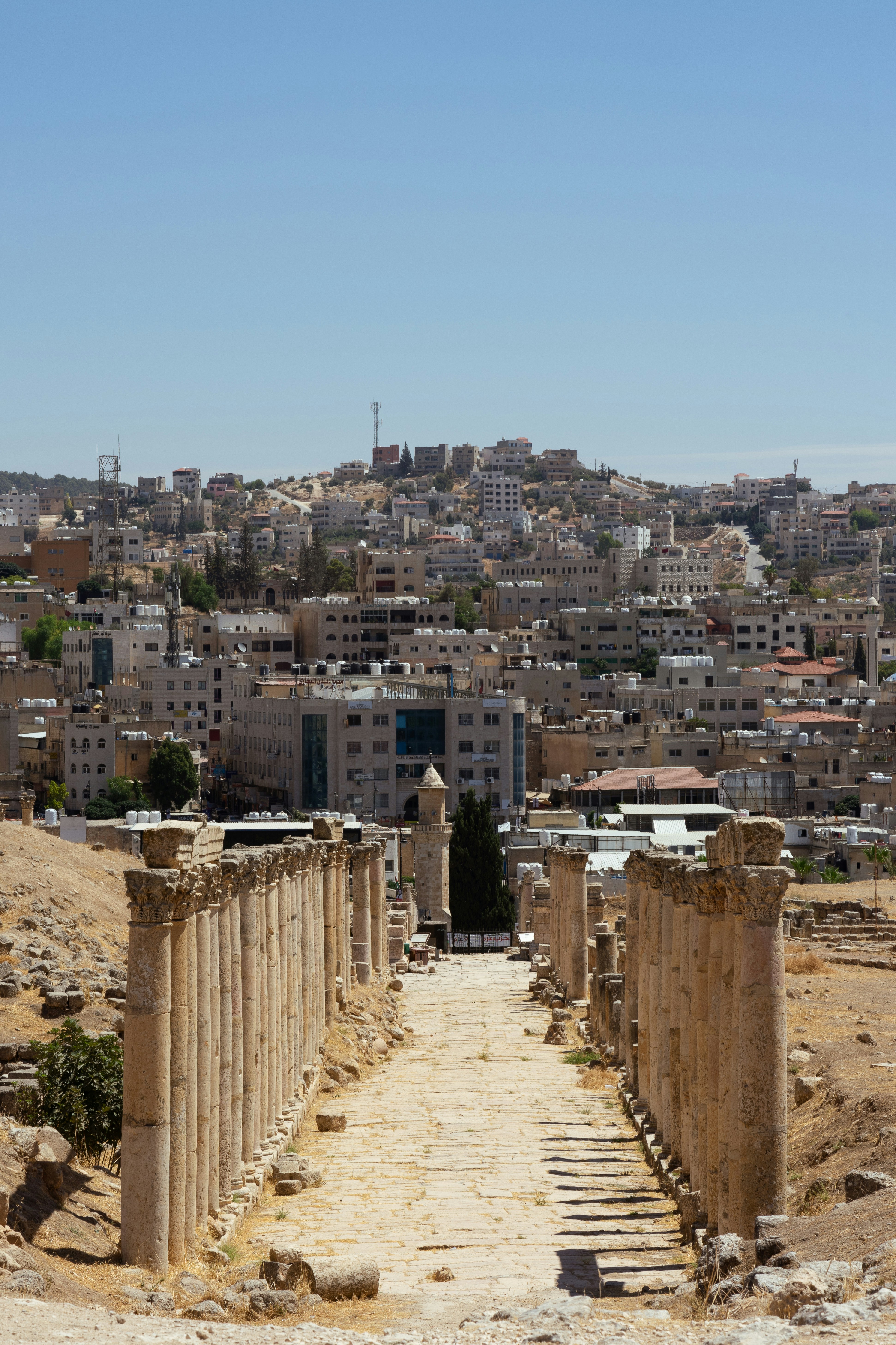 Ancient columns line a stone pathway leading towards a modern city skyline, showcasing a blend of historical and contemporary architecture.