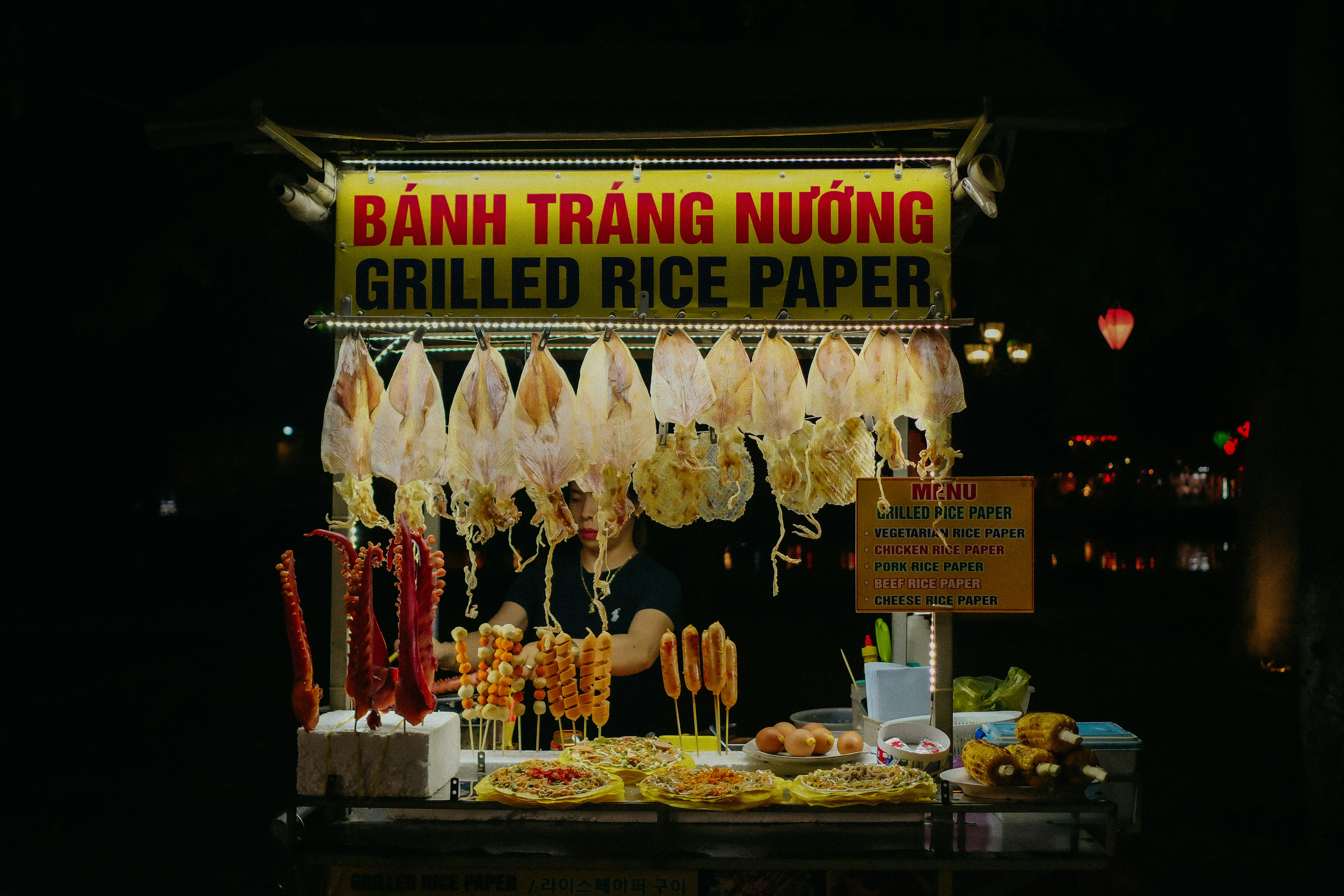 Night Market Lanterns: Grilled Rice Paper Stall in Focus