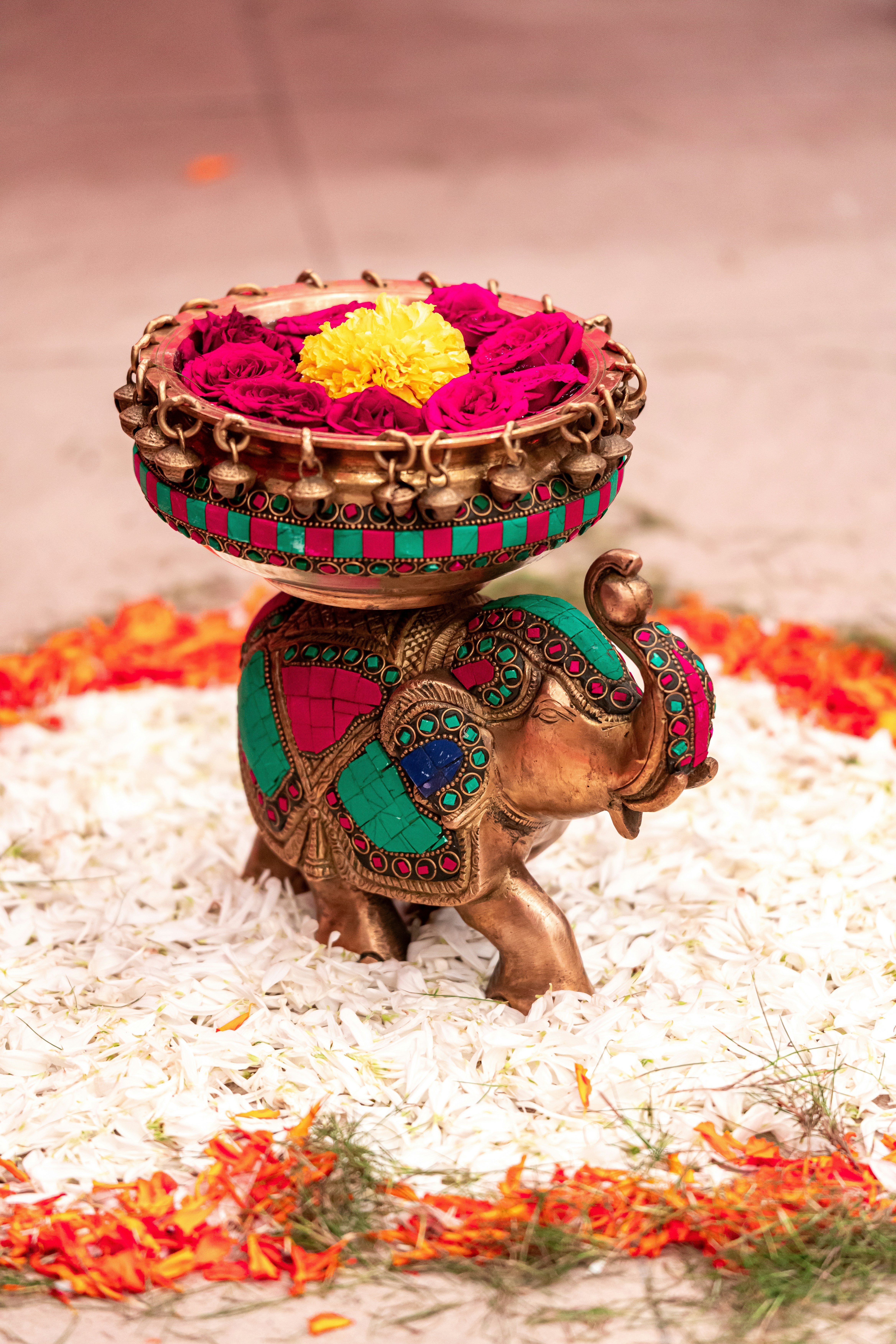 Bloom-Wreathed Brass Elephant: A Petal-Bearing Ceremonial Statue