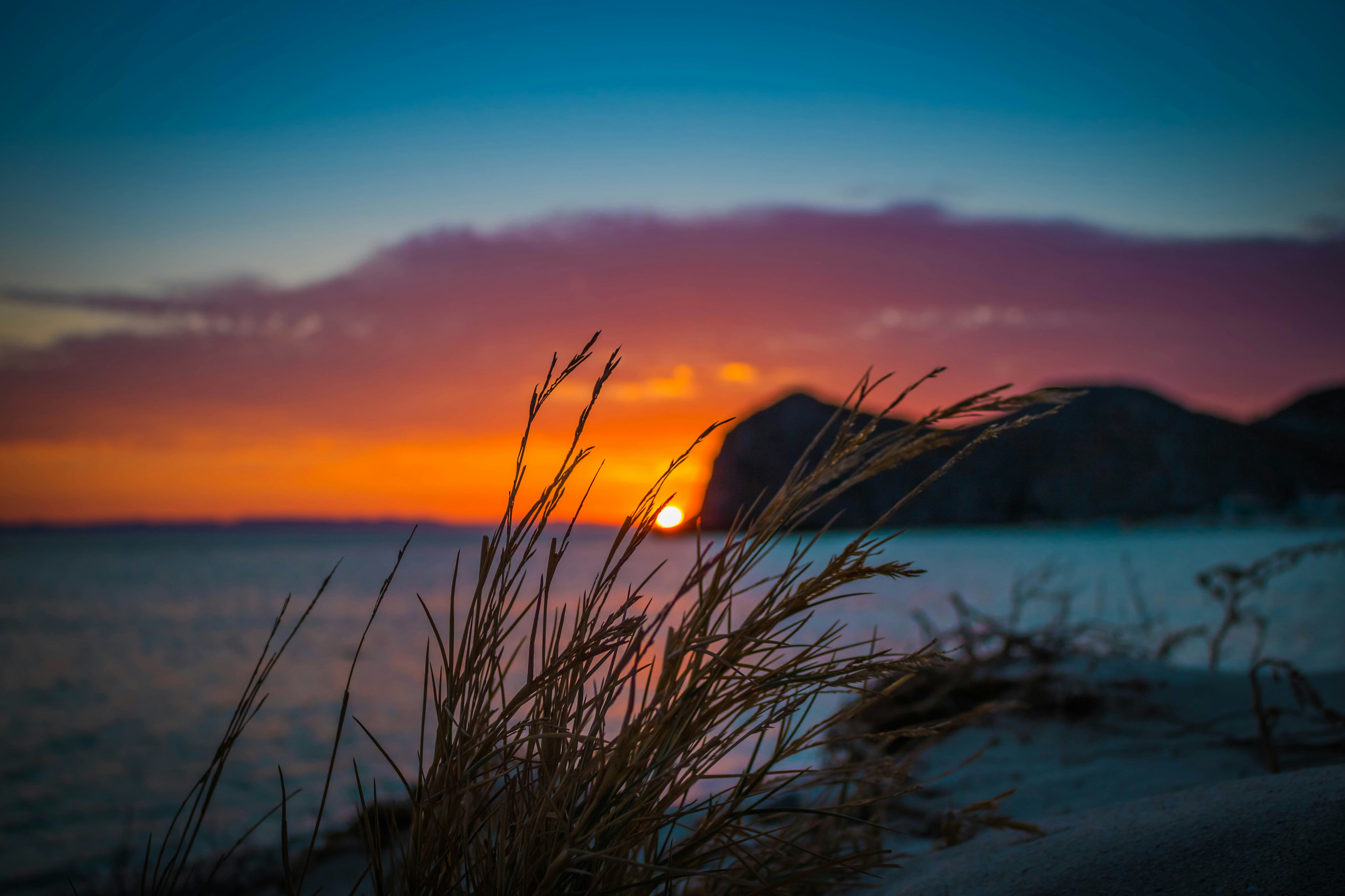 Grasses at Dusk: Sunset Framed by a Silhouetted Cliff Over Calm Water
