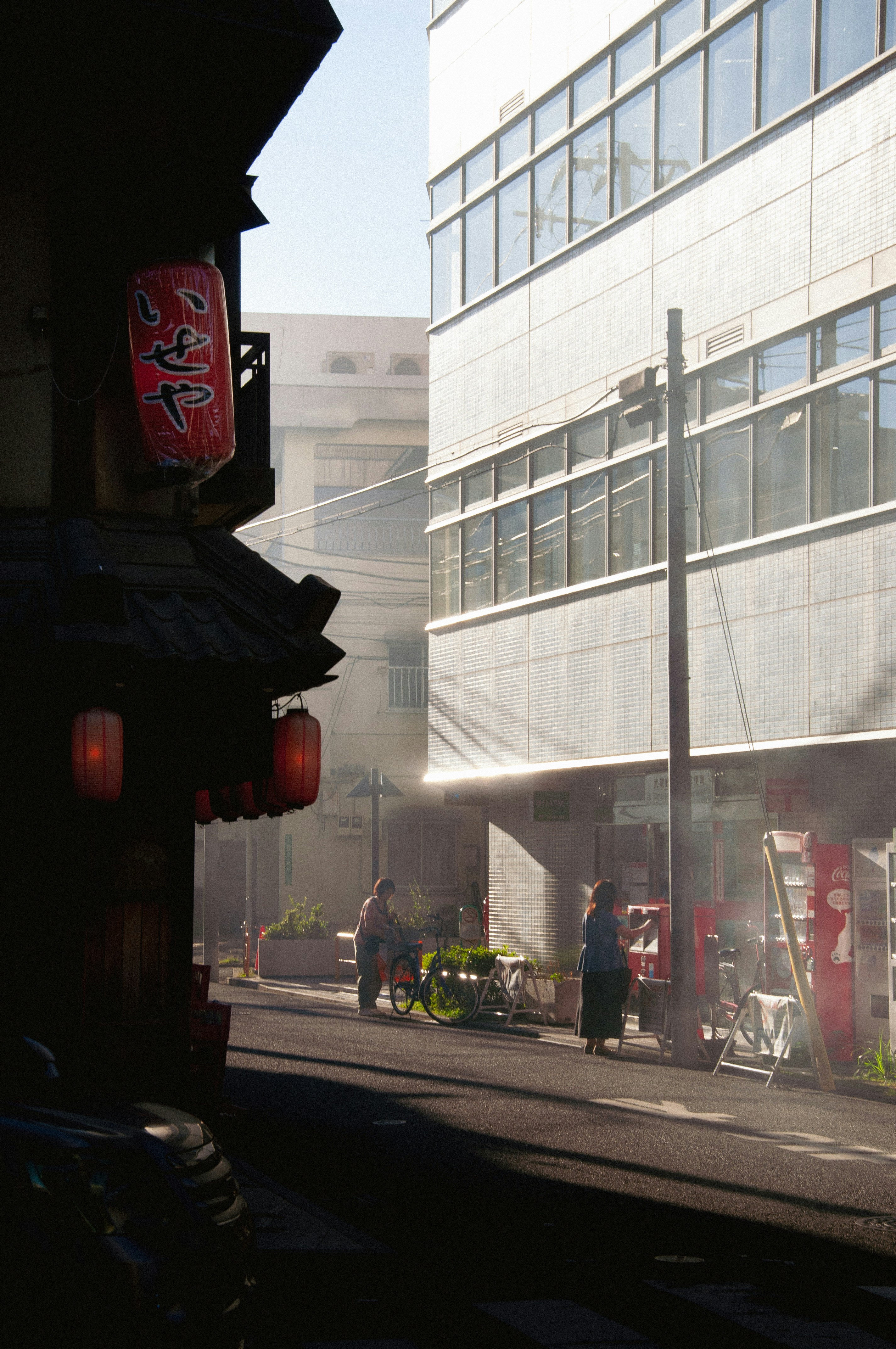 Sunlit Alleyway Between Modern Glass and Traditional Neon