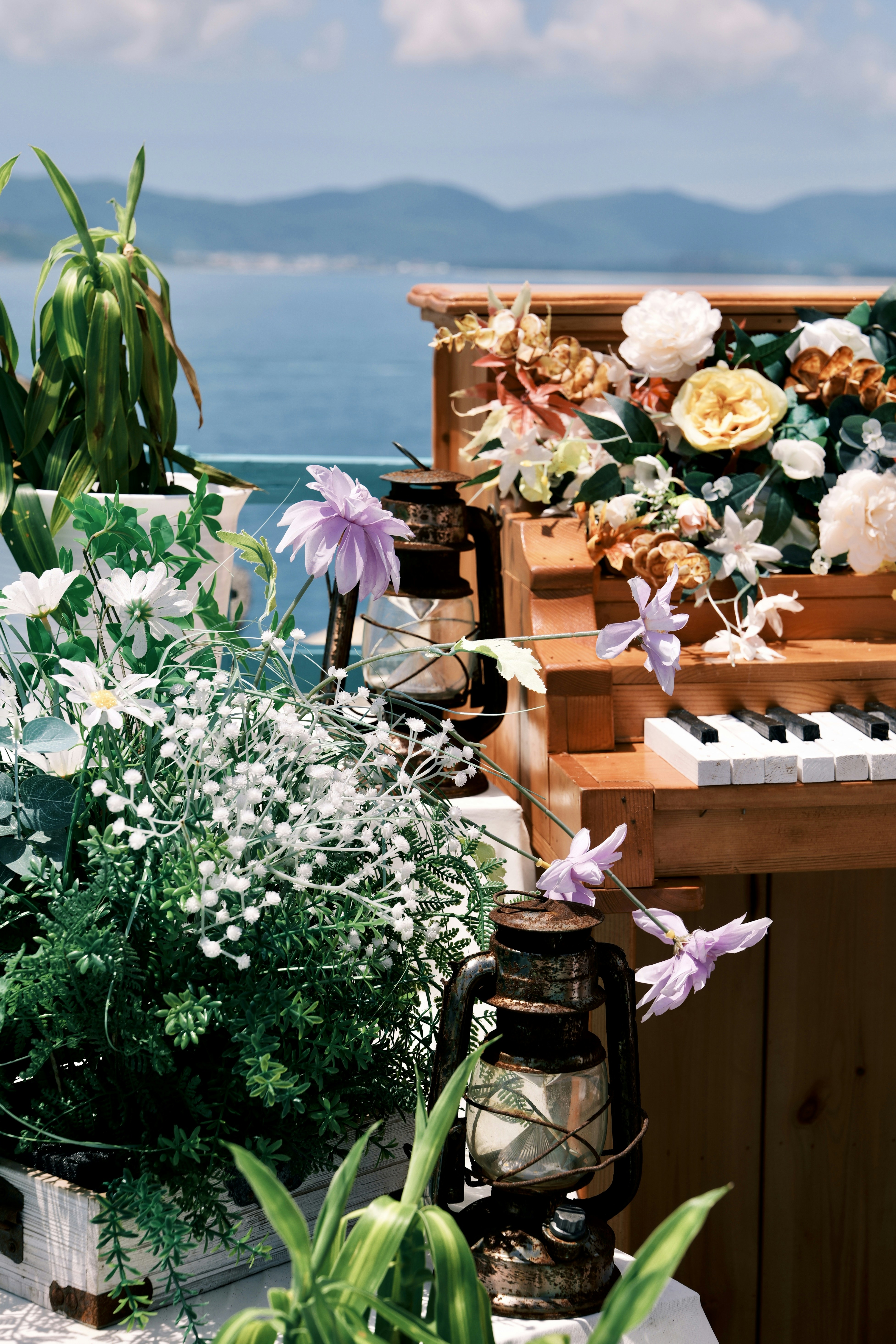 Floral Keys by the Harbor: A Seaside Piano Adorned in Bloom