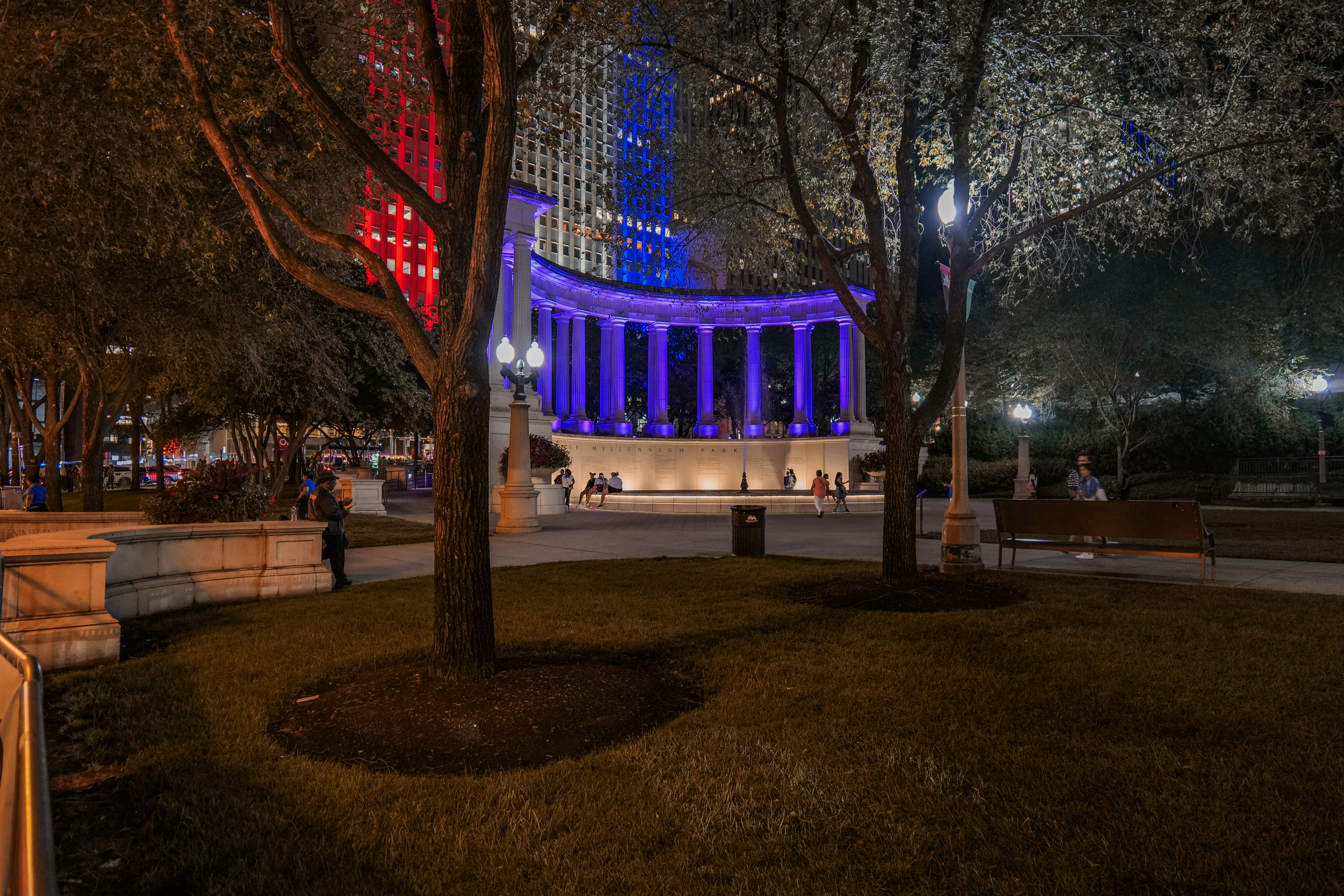 Neon-Colonnade at Night: Blue-Purple Pillars in a Quiet Park