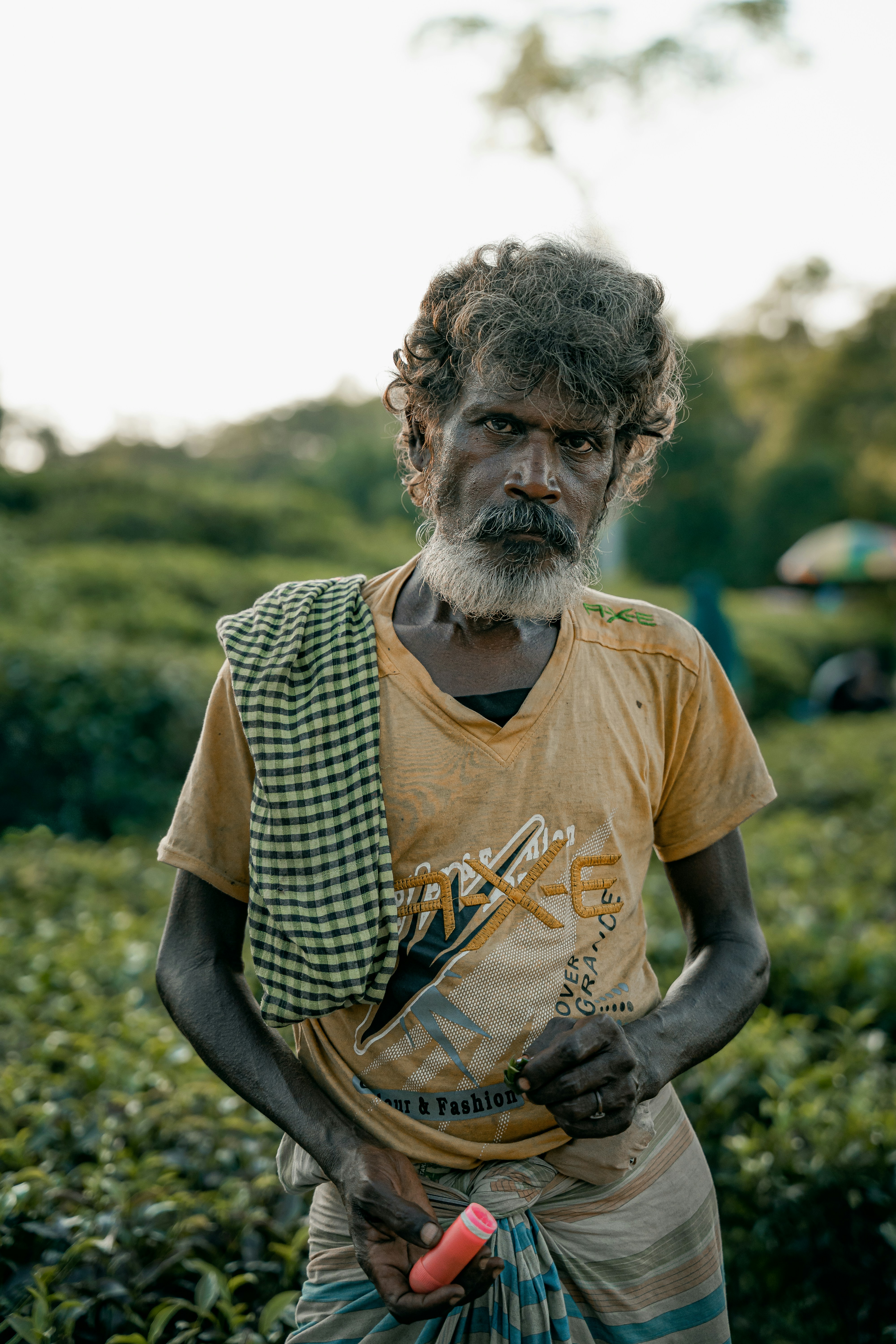 Weathered Gaze in a Tea Field Portrait
