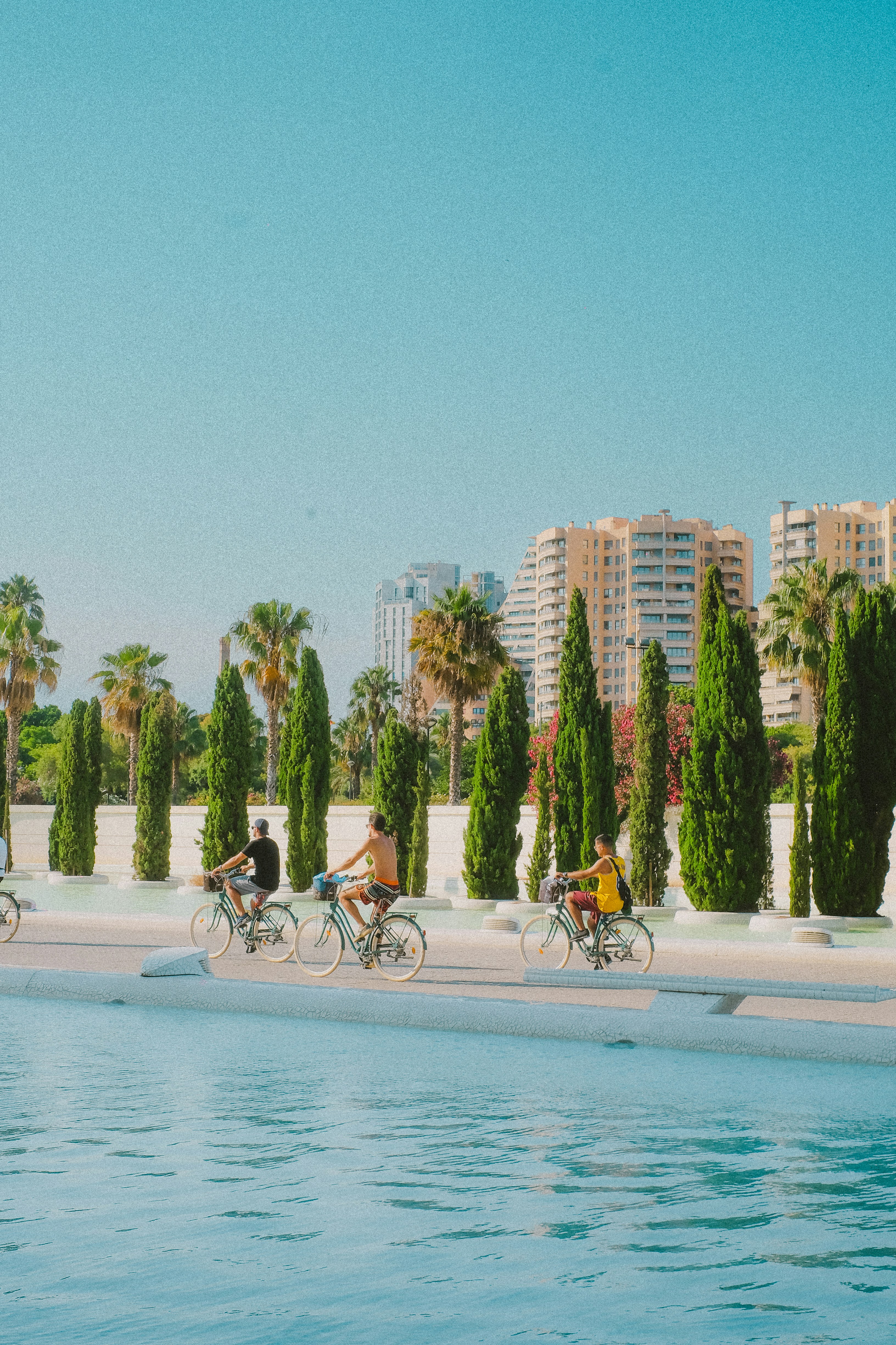 Bicycles in Valencia, Spain at the Ciudad de las Artes y las Ciencias | A group of people riding bikes on a beach