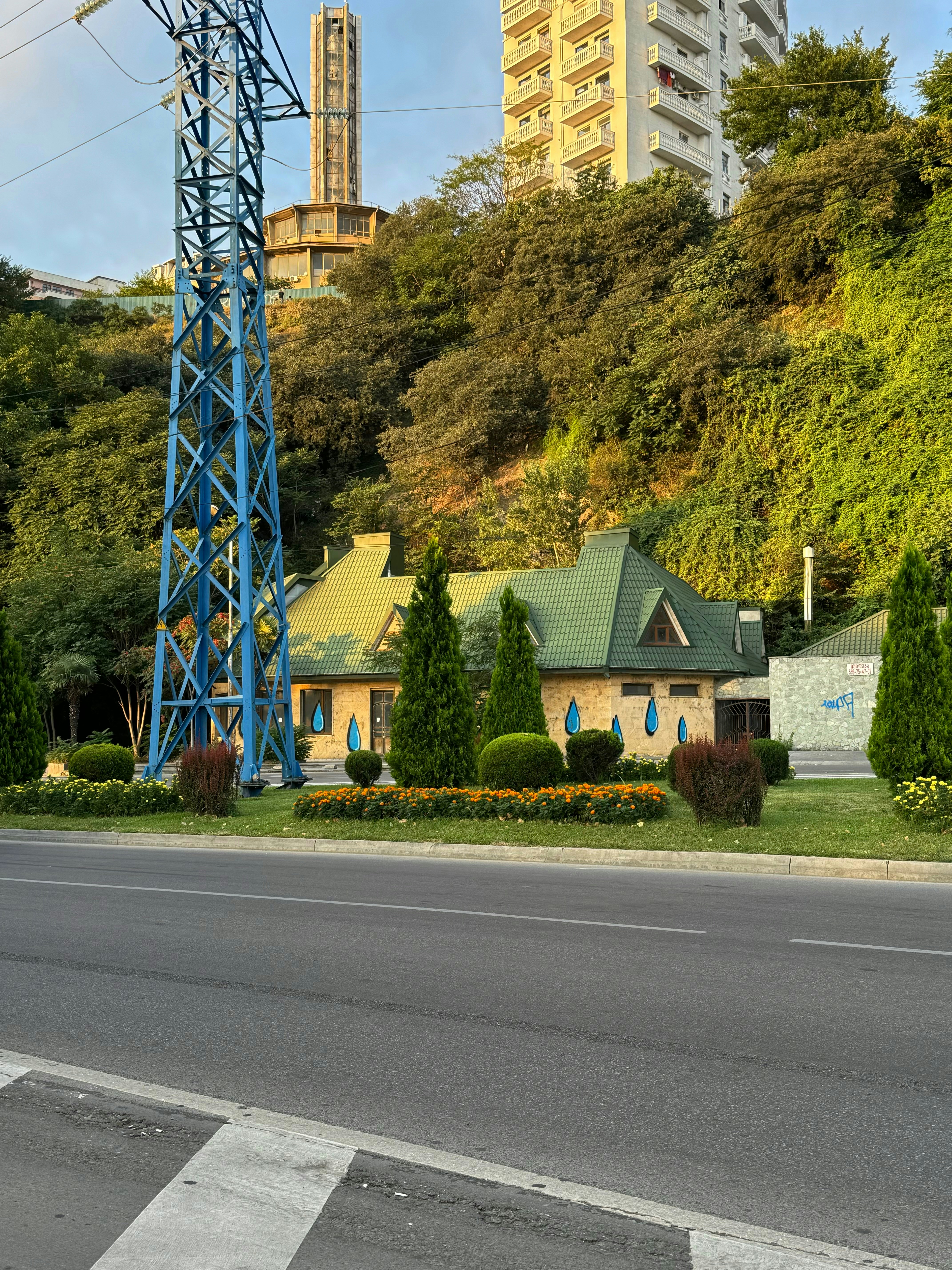 Blue Tower and Verdant Terrace: A Quiet Street Scene