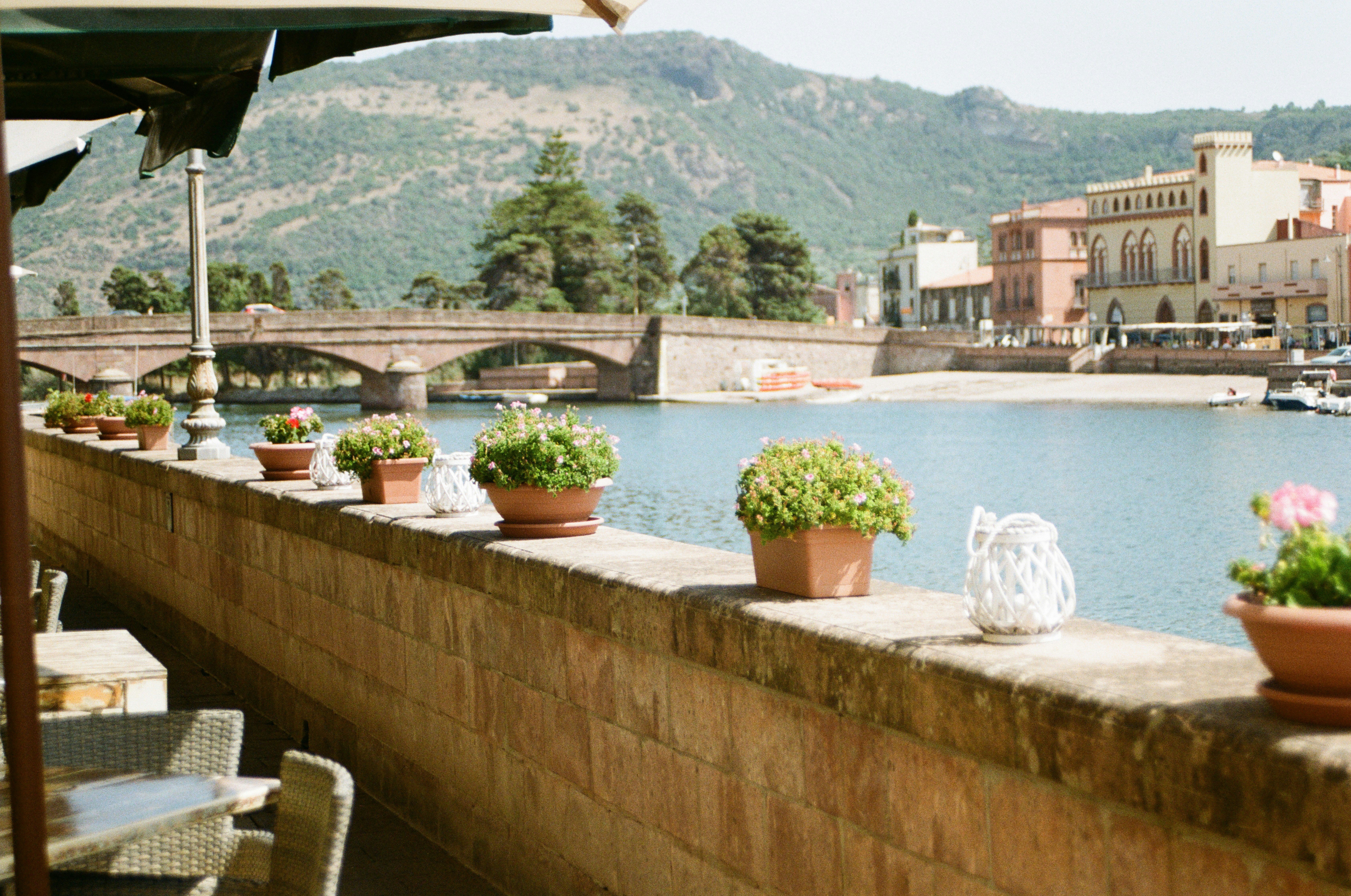 Terraced riverside cafe with potted plants and distant bridge
