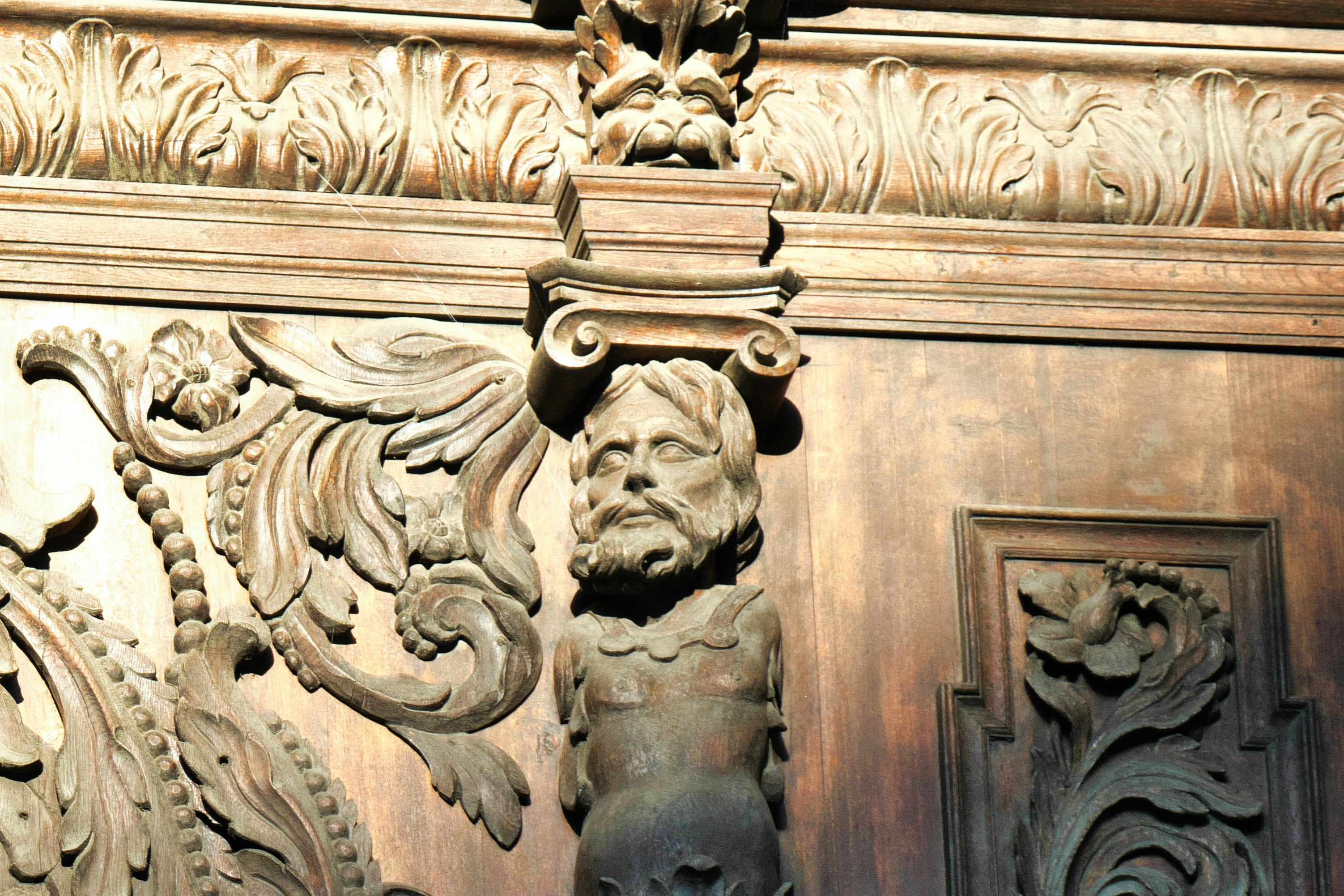 Bearded Sentinel of the Wood: Portrait amid Scrollwork on a Carved Door Panel