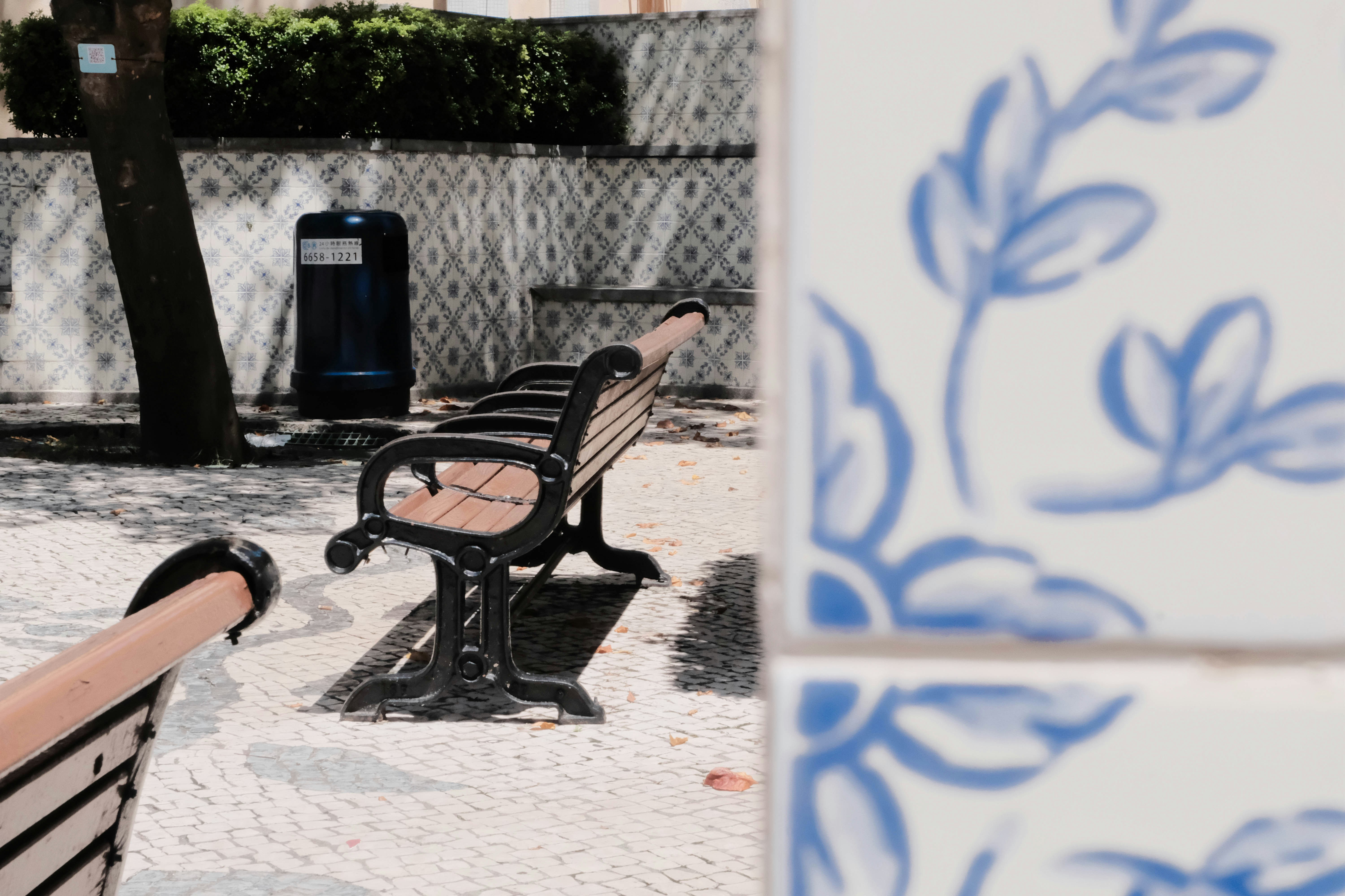 Vacant Benchings and Blue Ornamental Wall