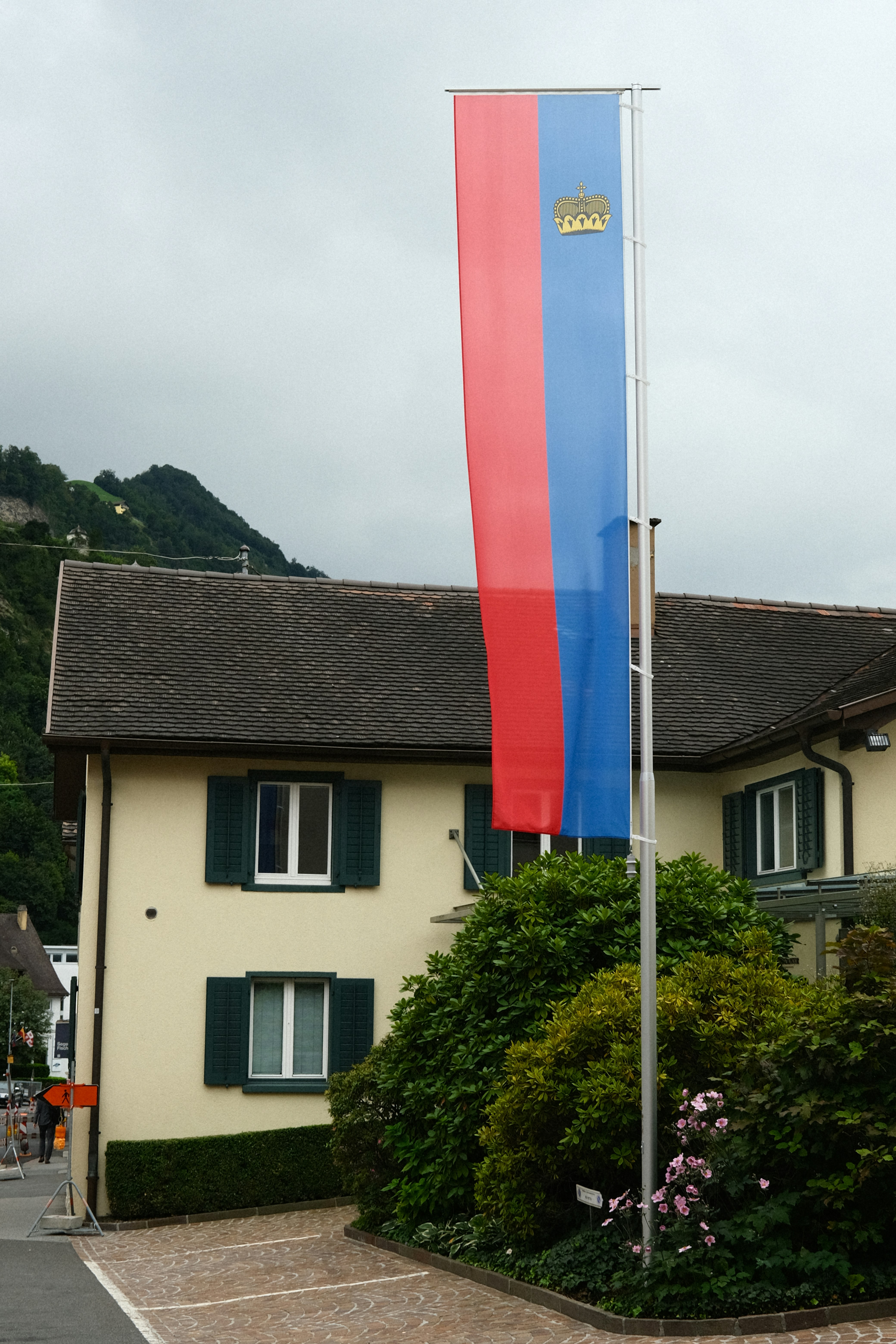 Vertical banner with a crown crest over a quaint European townhouse