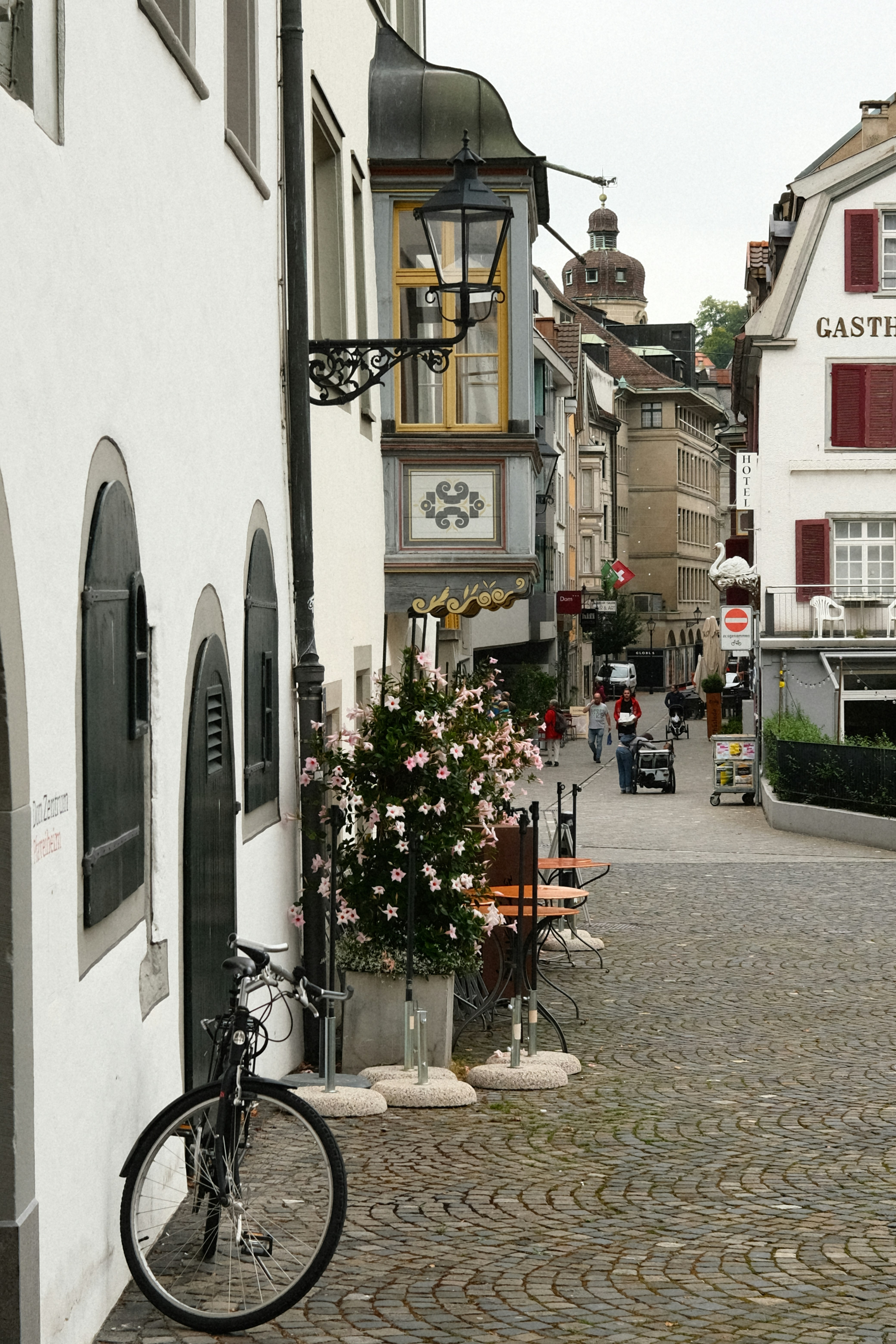Cobbled Lane Between White Facades and Flowering Cocktail of Street Life