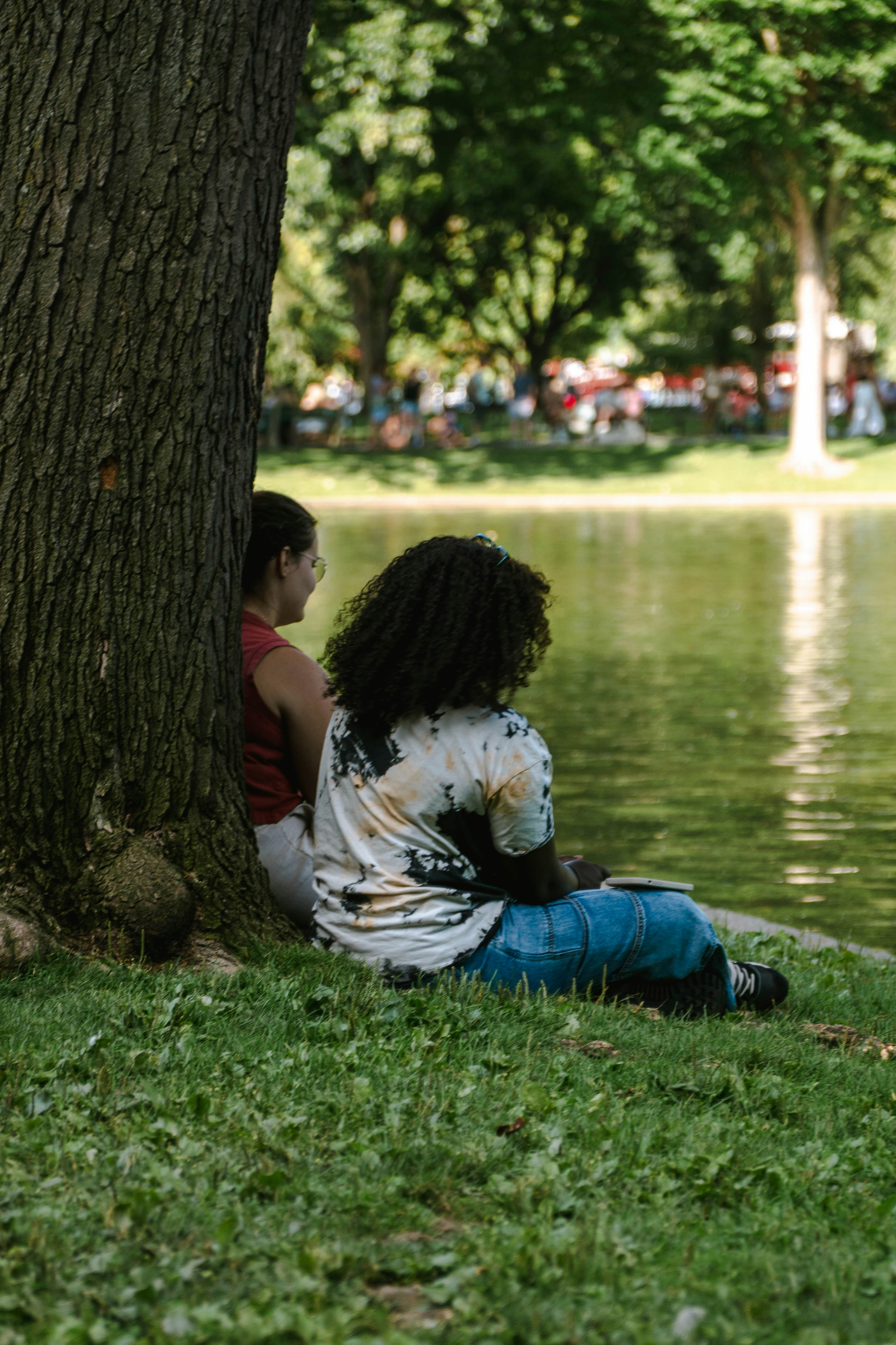 A couple of people sitting under a tree next to a lake photo – Free ...